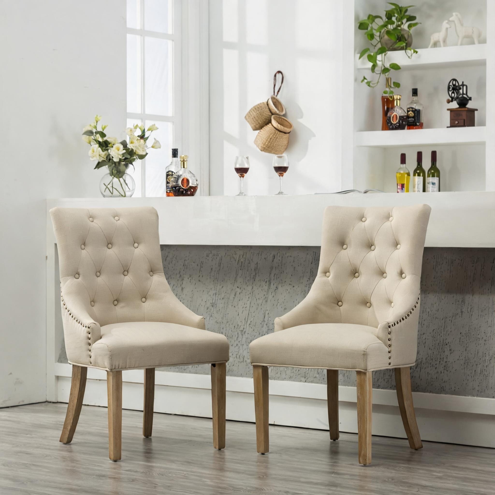 Watnature Set of 2 Tan Solid Wood Wingback Dining Chairs with Button ...