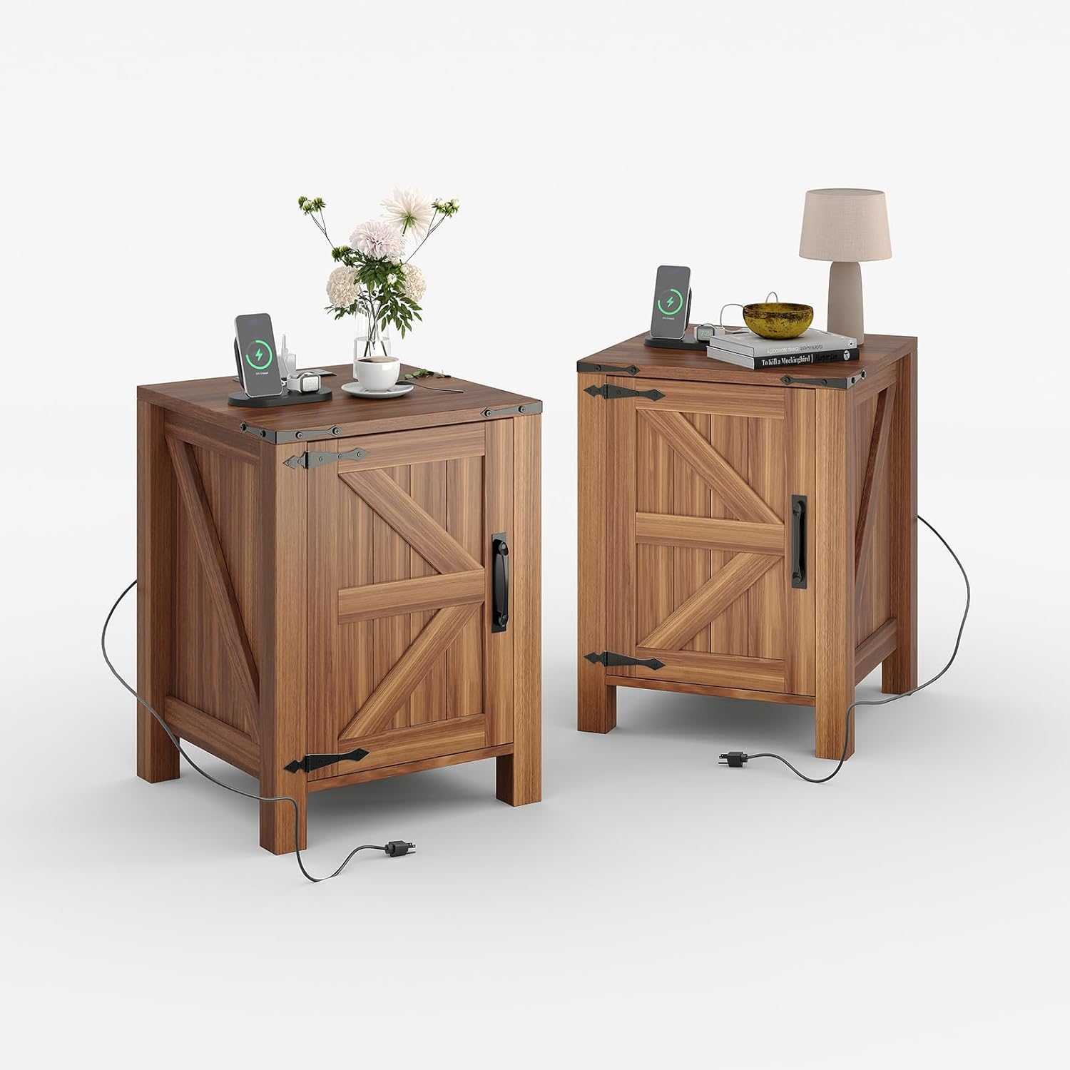 Garvee Bedside Tables Set of 2 with USB Charging Station Rustic Wood ...
