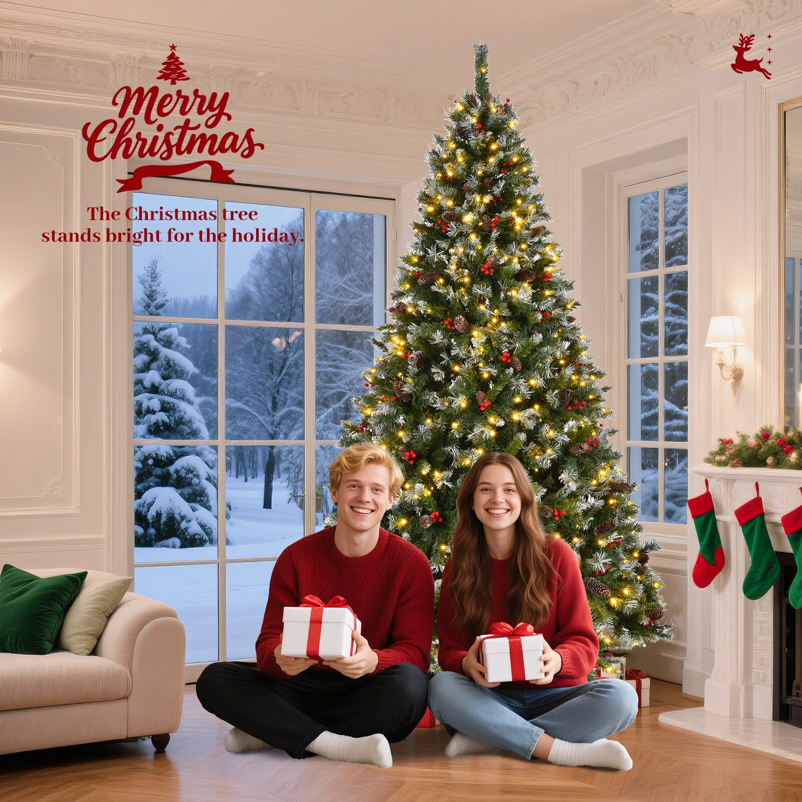 LOVMOR Pre-Decorated Pine Hinged Artificial Christmas Tree Flocked ...