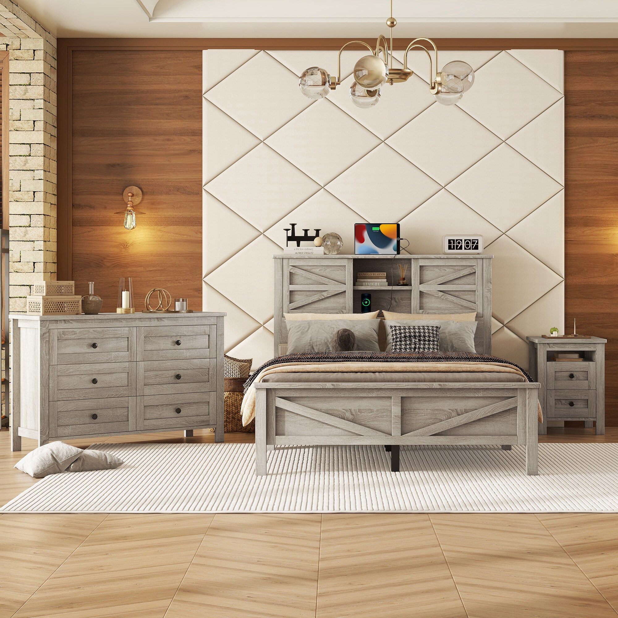 LOVMOR 3-Pieces Bedroom Sets Full Size Farmhouse Platform Bed with ...