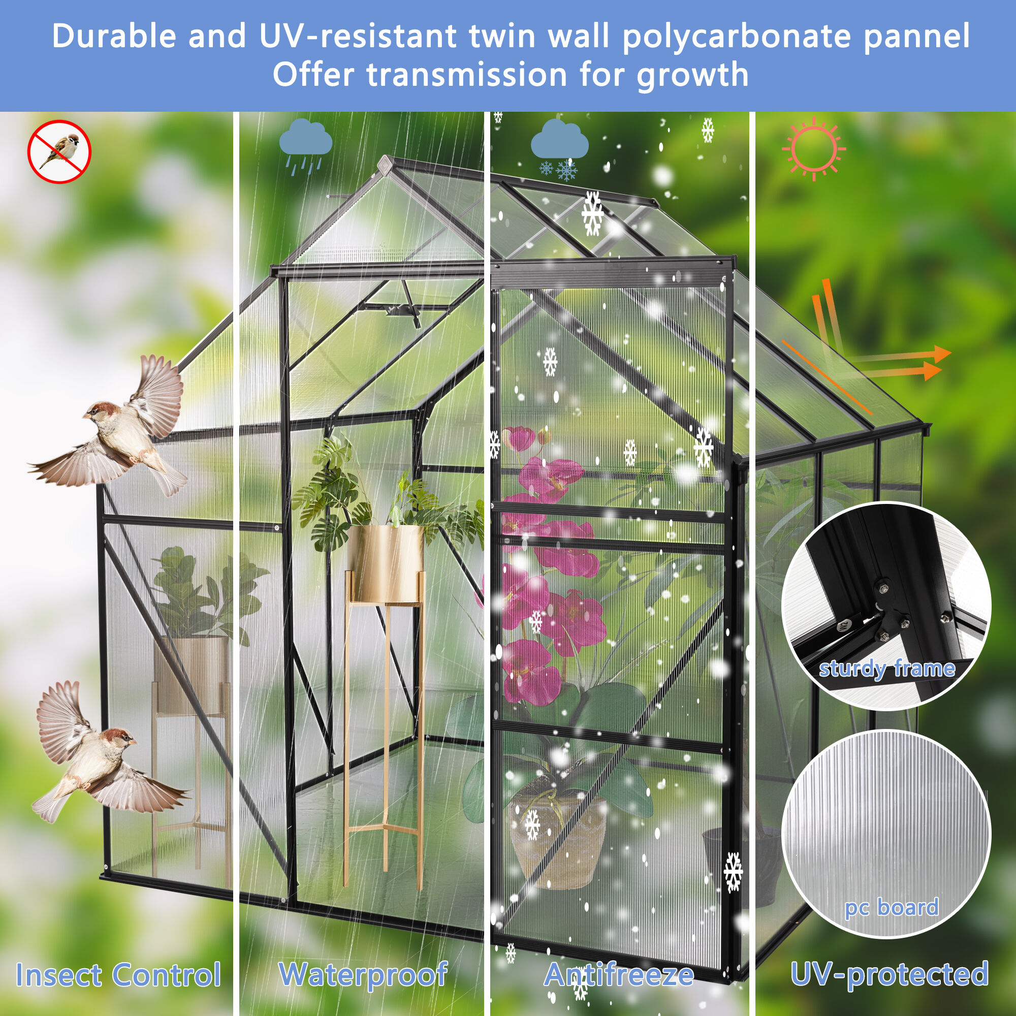 GDFStudio Outdoor 6x6FT Polycarbonate Heavy Duty Walk In Greenhouse ...