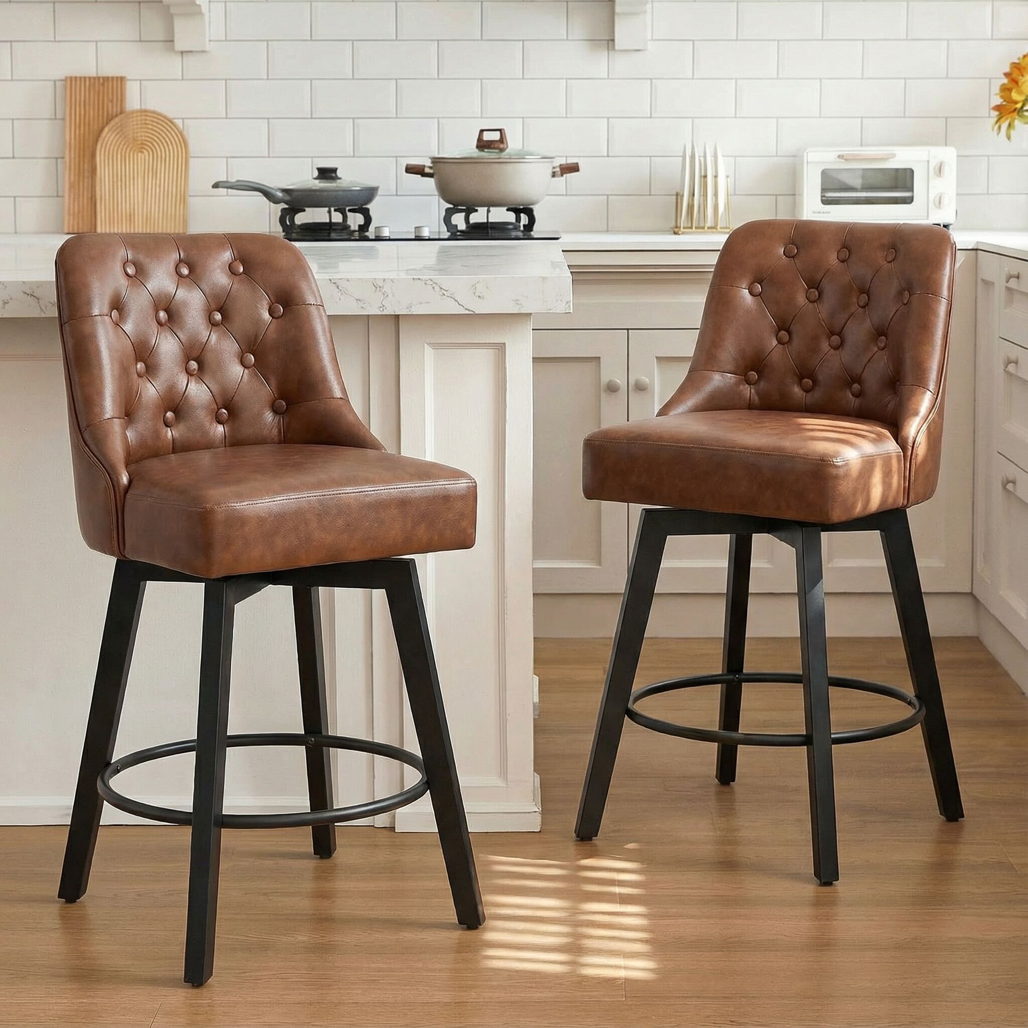 Circle 55 Brown-Leather 26-in H Counter height Upholstered Swivel Wood ...