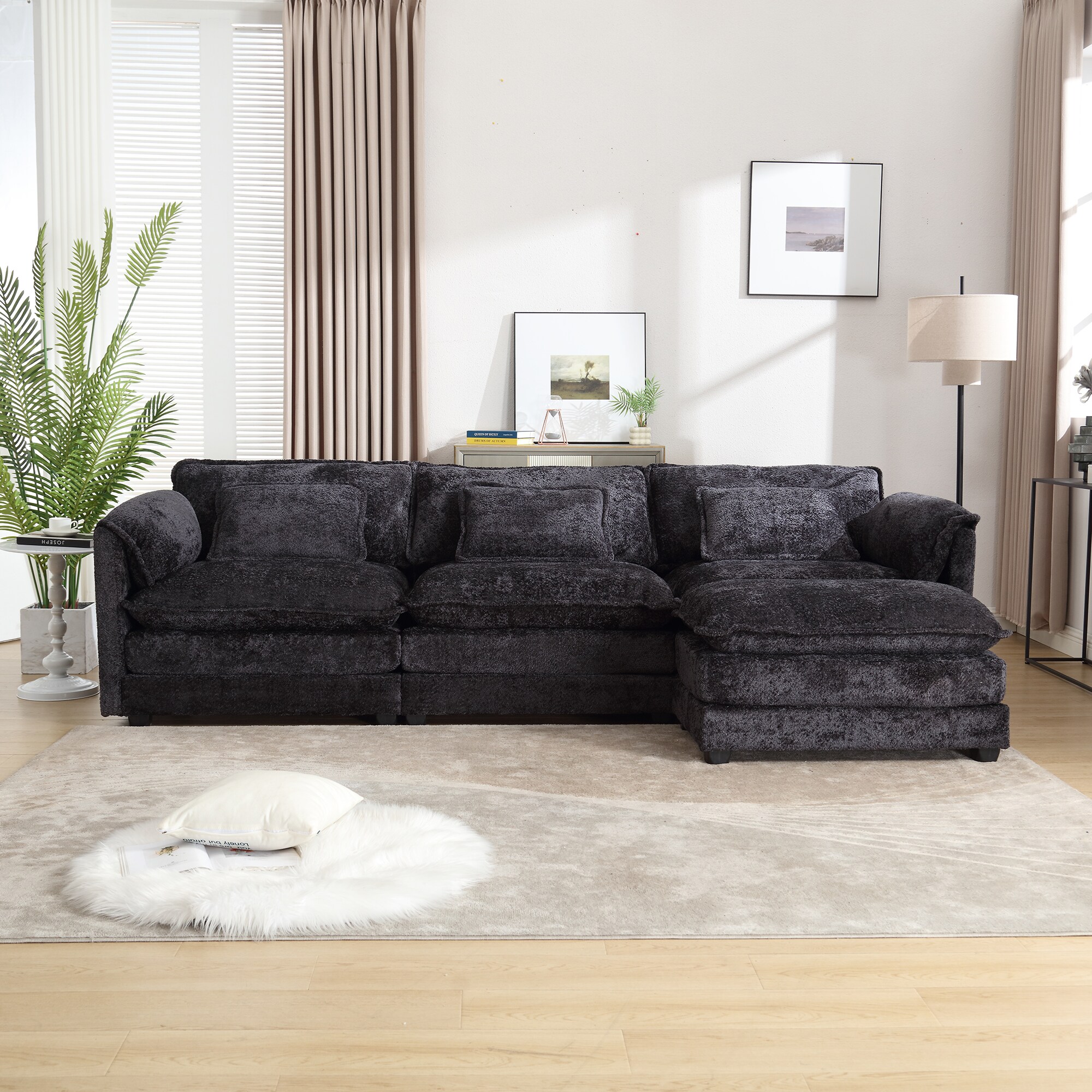 Bybafun 112.2-in W Casual Black Chenille 4-seater Sectional in the ...
