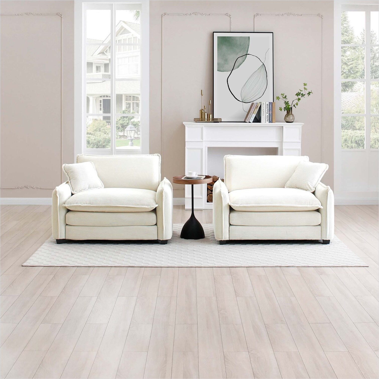 Naturefalls Beige-toned Corduroy Two-Seat Deep Sofa Set for Living Room ...