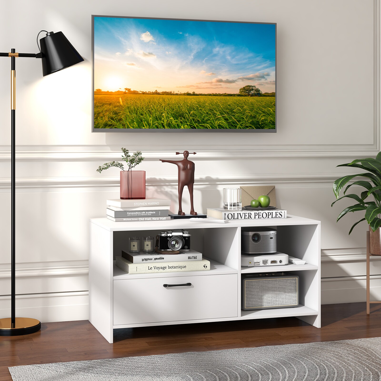 Slickblue Modern White Console Table with Open Shelves and Large Drawer ...