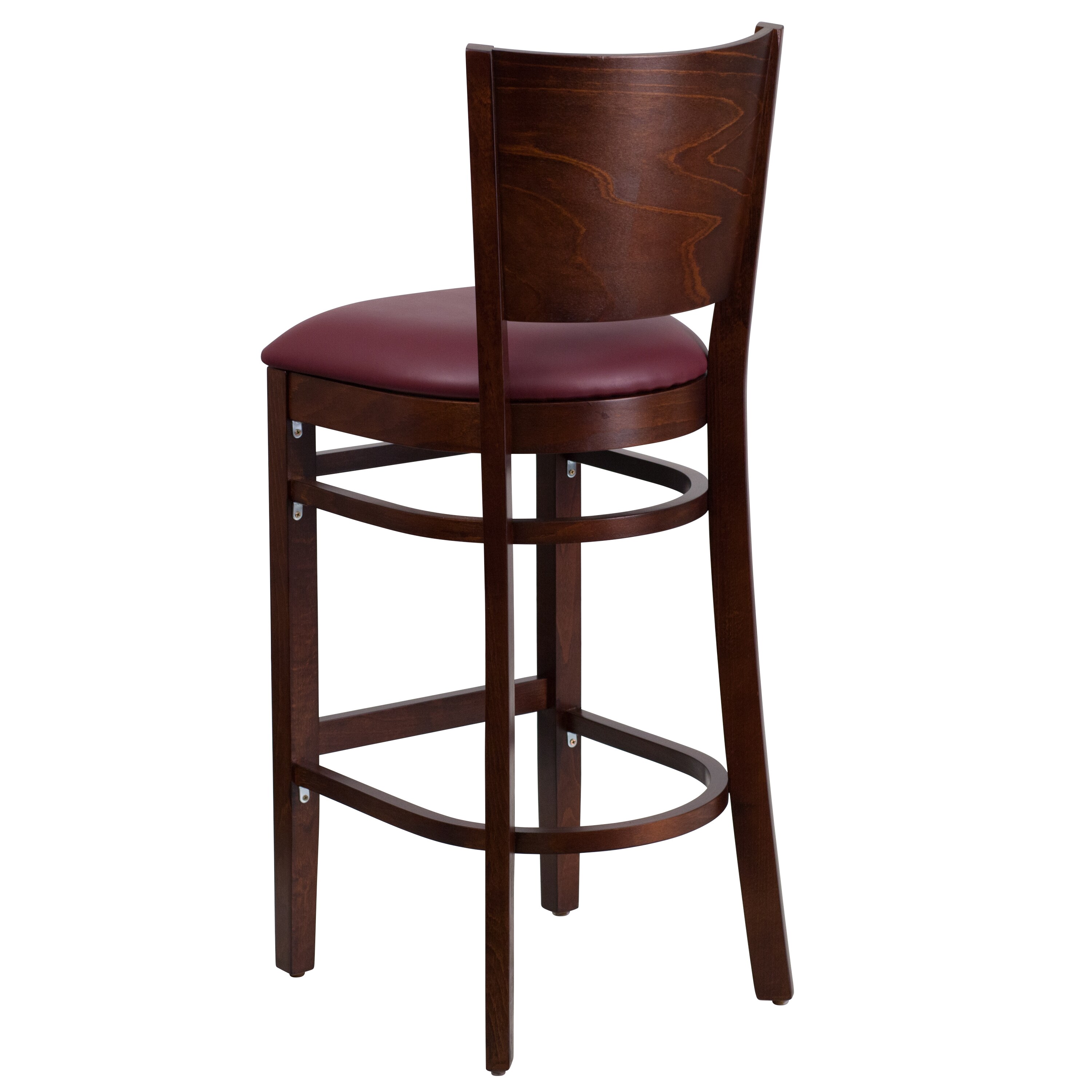Emma + Oliver Solid Back Walnut Wood Barstool; Burgundy Vinyl Seat in ...