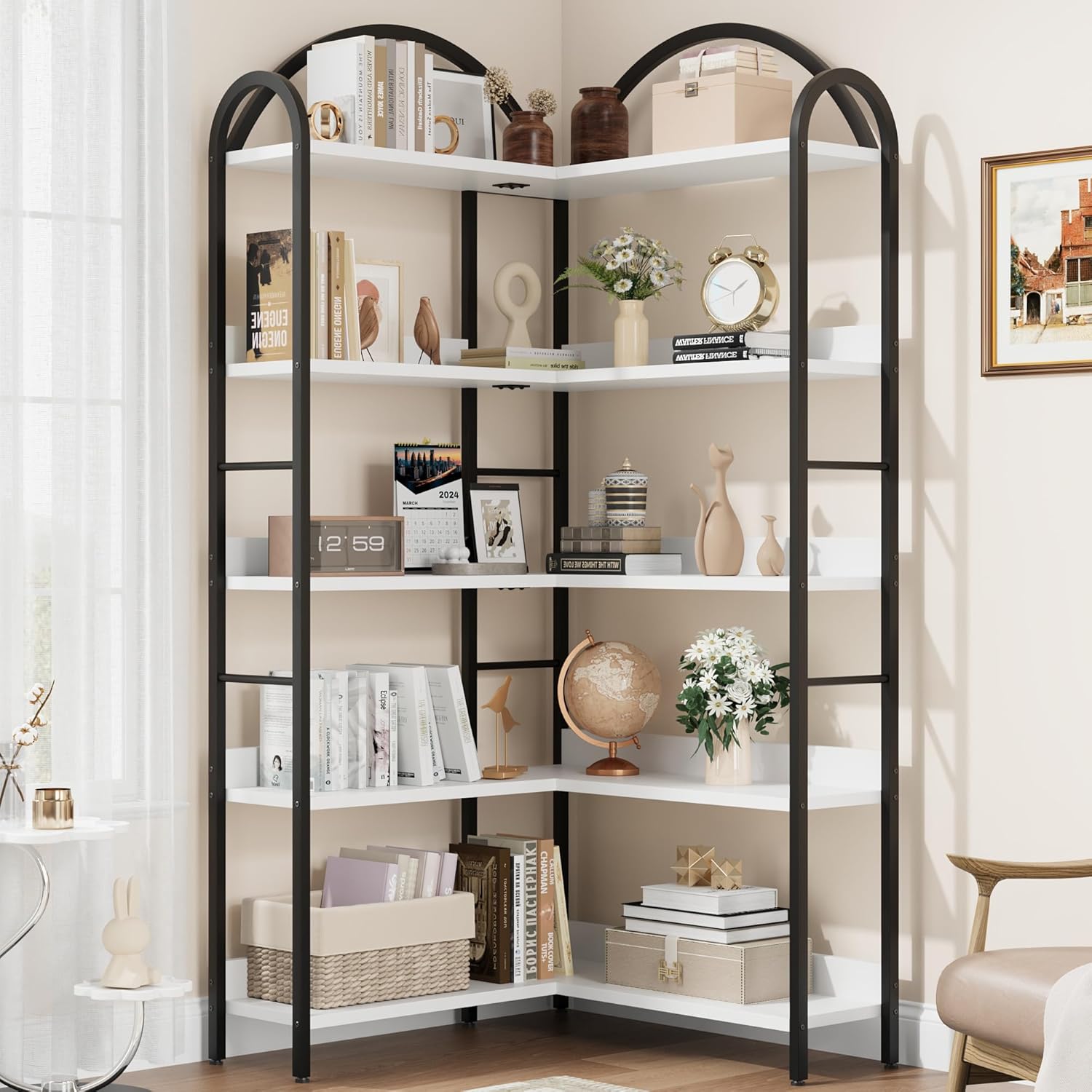 Qeetex 68.5 in L-Shaped Bookshelf 5-Tier Bookcase with Top-Arched Open ...