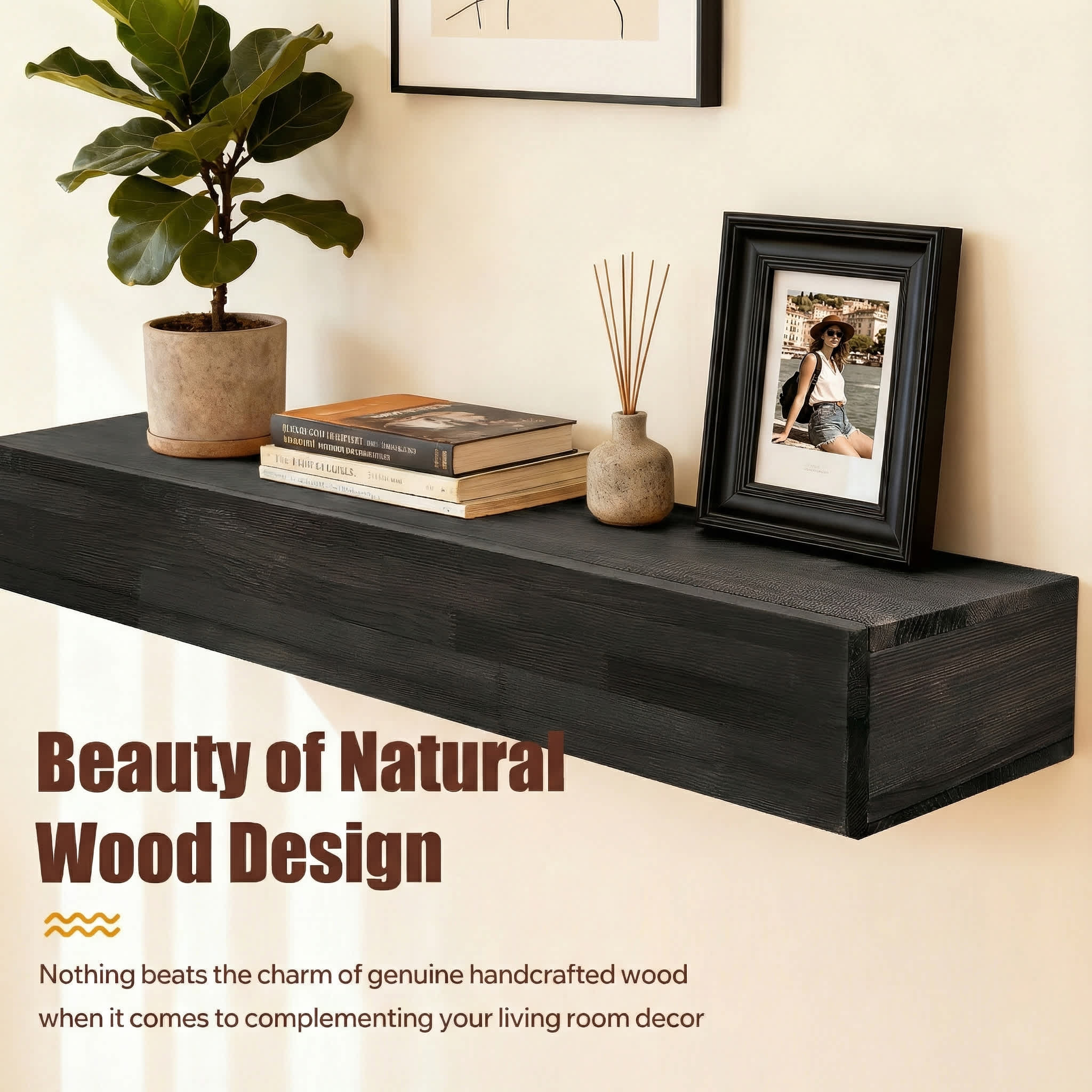 Vynxaria 48 in W x 9 in D Black Solid Wood Rustic Fireplace Mantel ...