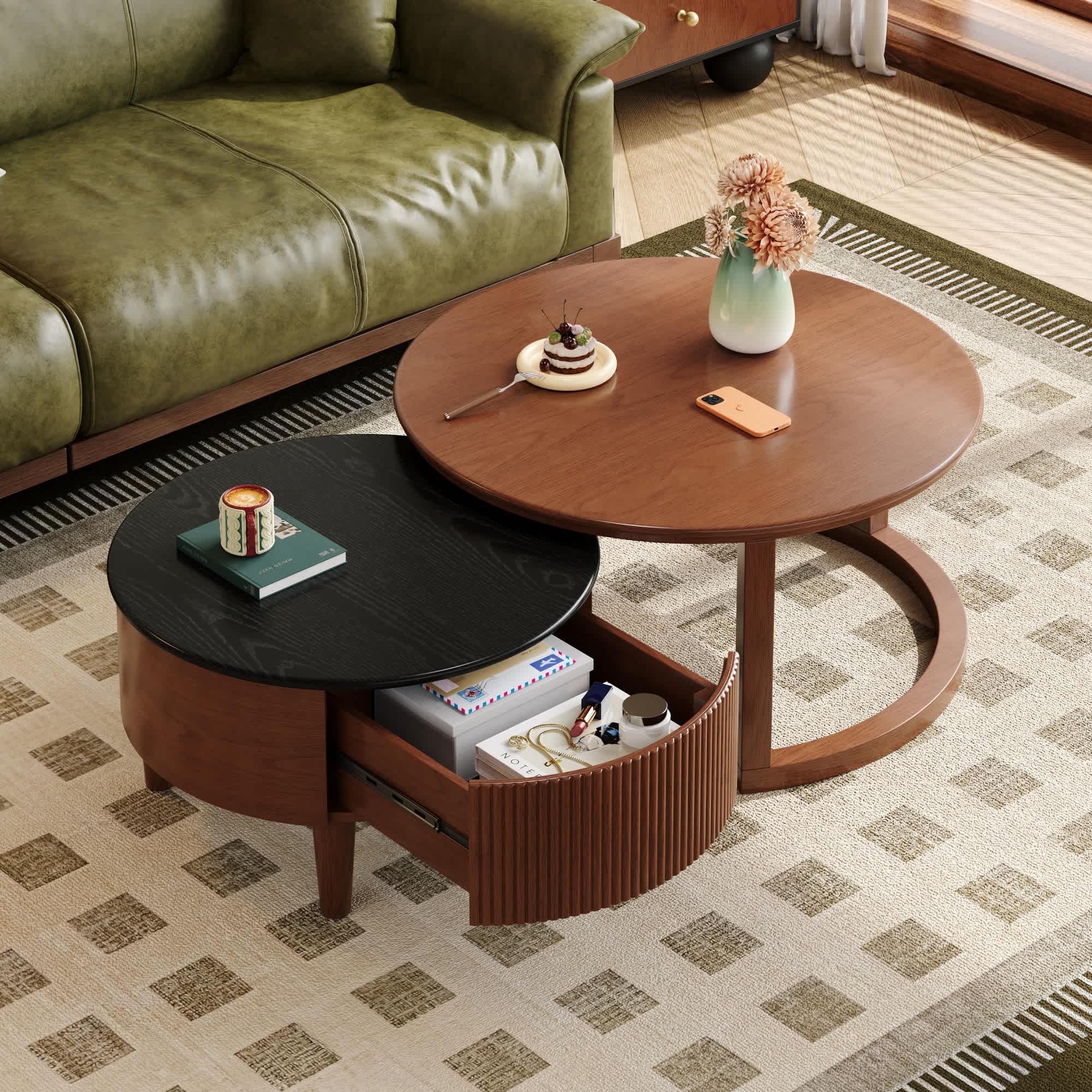 Vynxaria 32 Inch Vintage Round Nesting Coffee Table Fluted Drawer Two ...