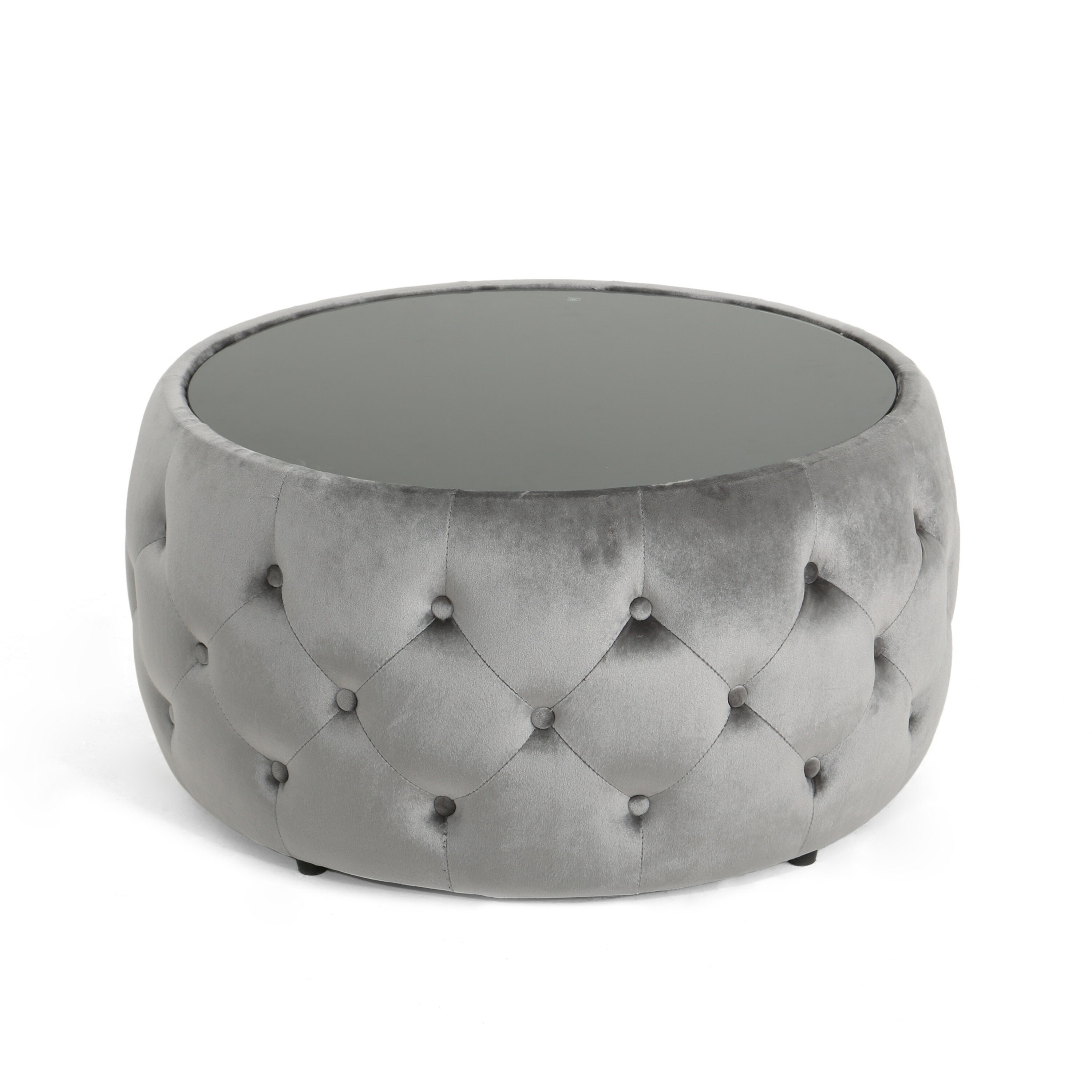 Benzara Pirana Ottoman Coffee Table Gray Tuft Velvet 30 Inch Tempered ...