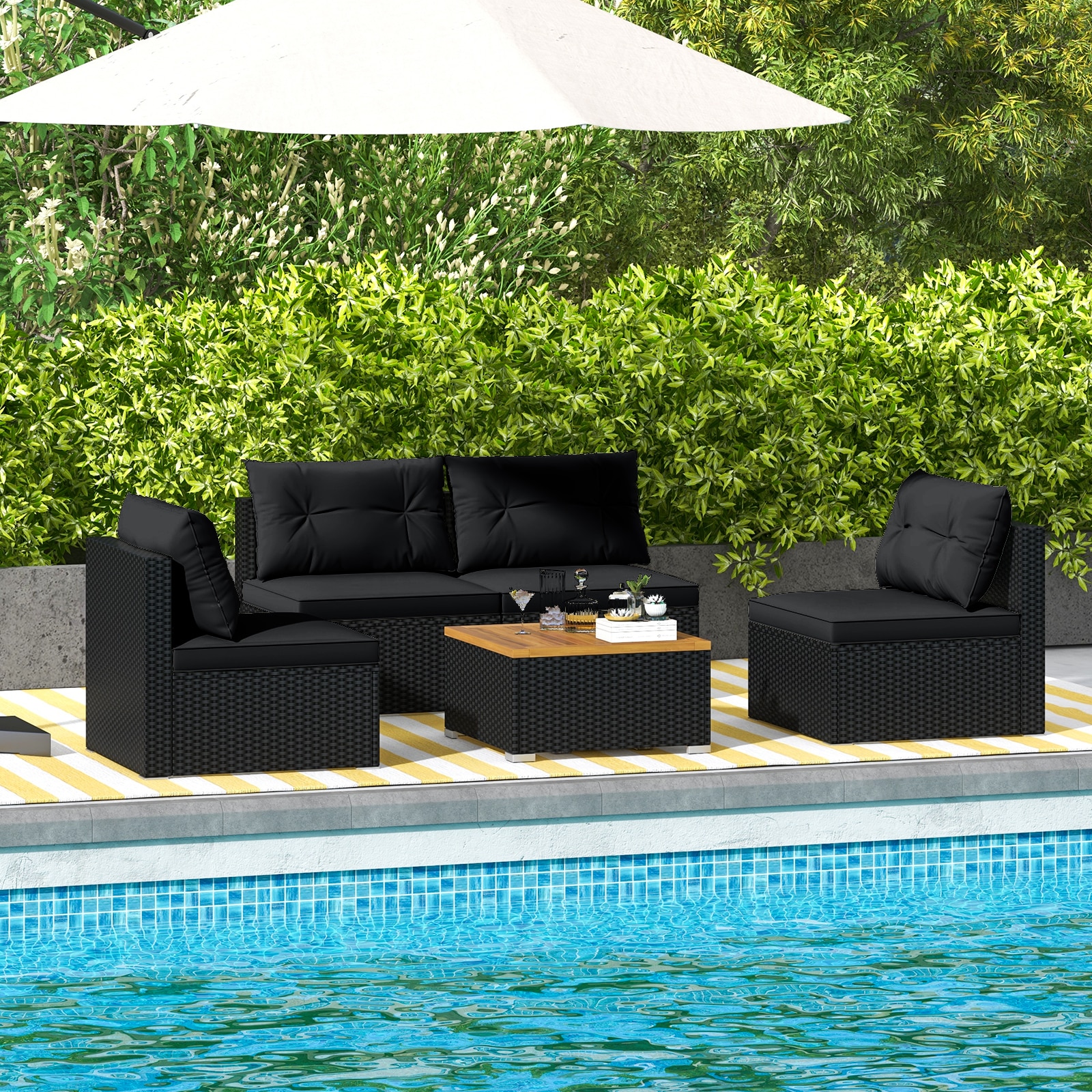 Slickblue 5-Piece Black PE Rattan Outdoor Patio Set with Cushions and ...