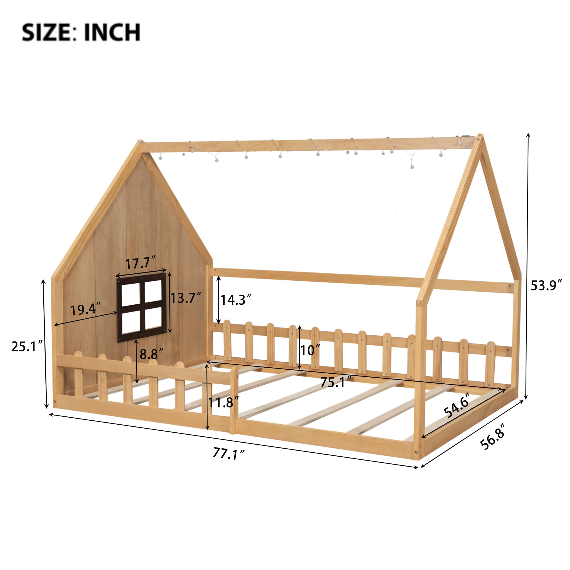 GDFStudio Theo Wood Full House Bed with Window and Fence Natural in the ...