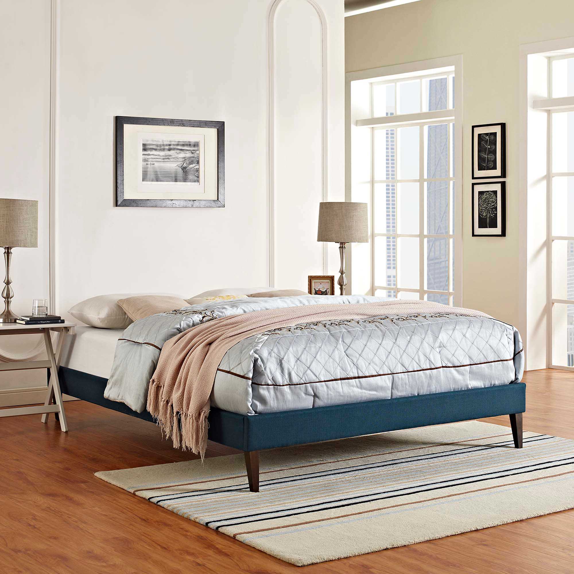 Modway Tessie Fabric Full Bed Frame with Squared Tapered Legs in Azure ...