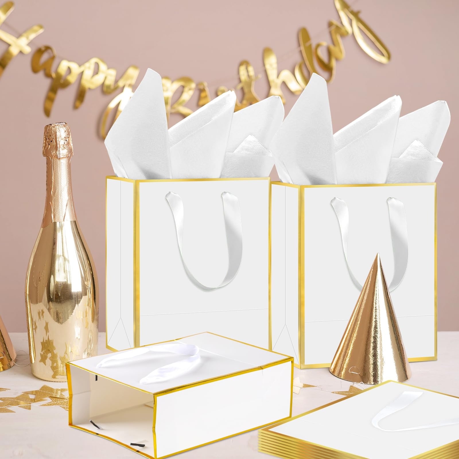 Afoxsos 12 Pack 8 x 5 x 10 Inch White Gold Edge Paper Gift Bags with ...