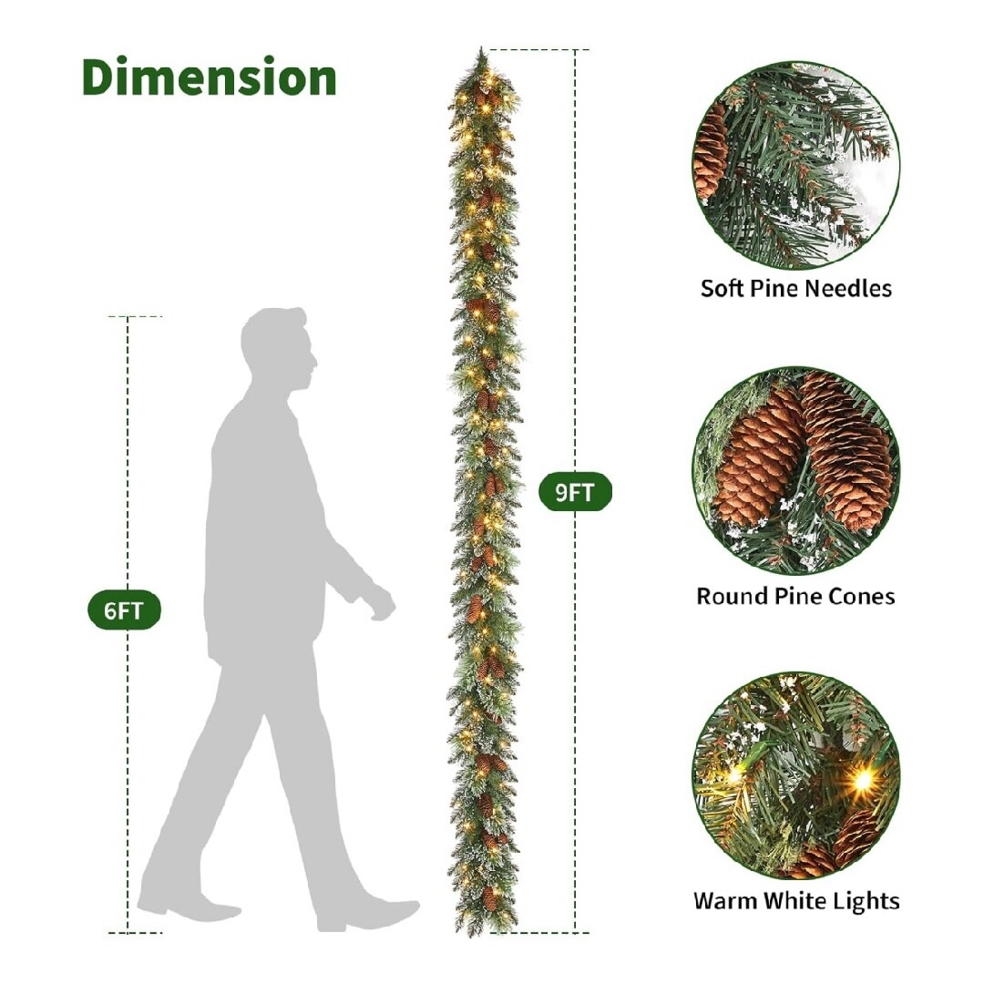 Garvee 9 FT Christmas Wreath for Front Door Pre-Lit Artificial Outdoor ...