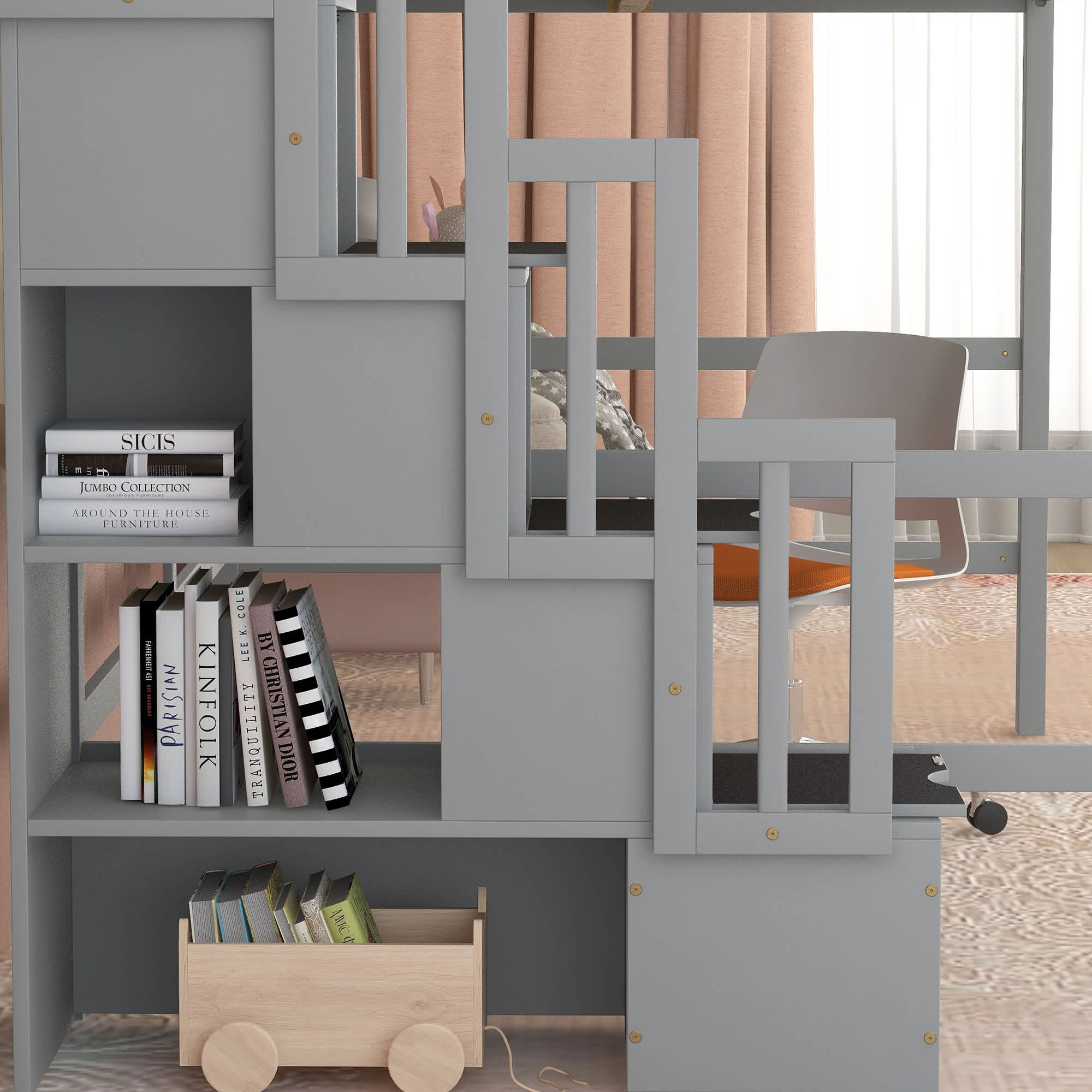 Vynxaria Gray Pine Frame Full Platform Loft Bed with Desk Storage ...