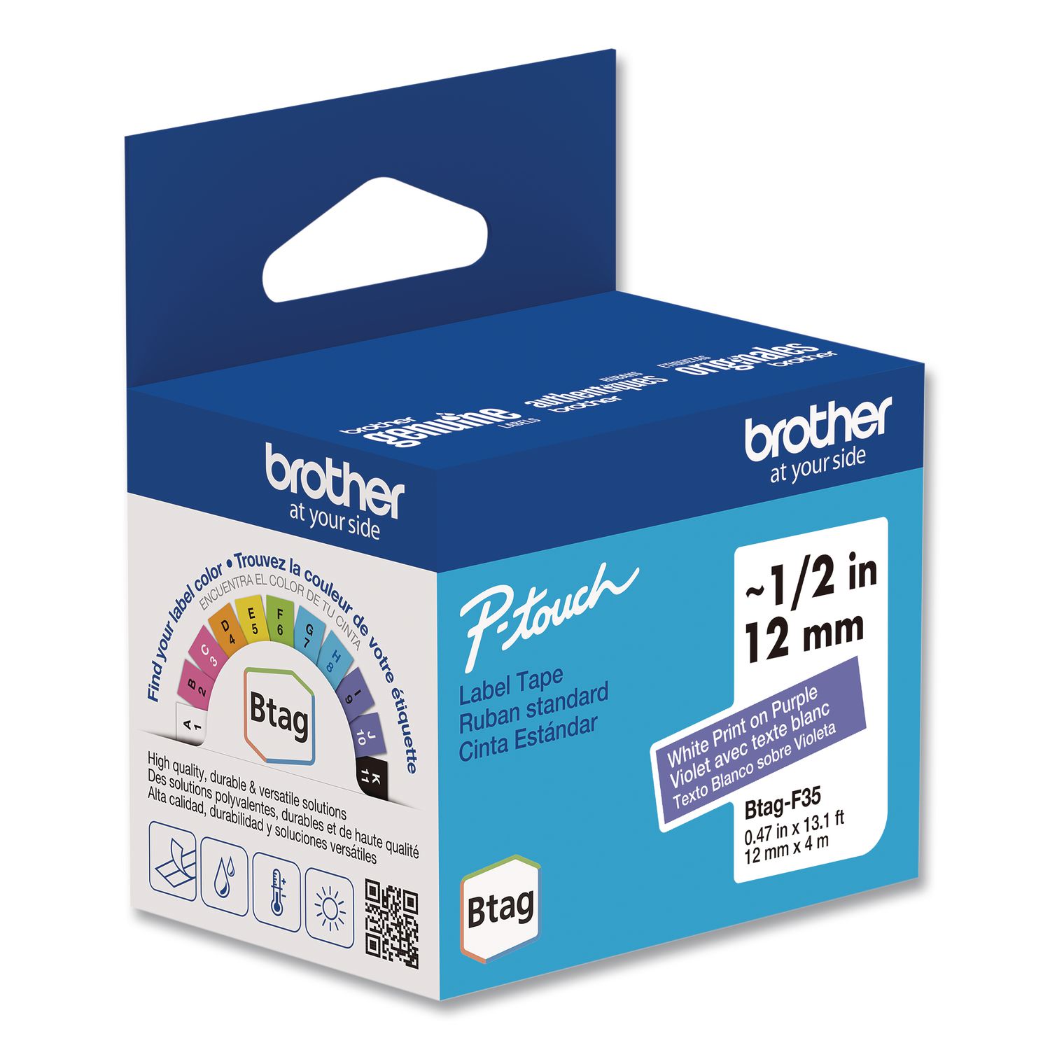 Brother Genuine P-Touch BTAG Label Tapes 0.47 x 13.1 ft White on Purple ...