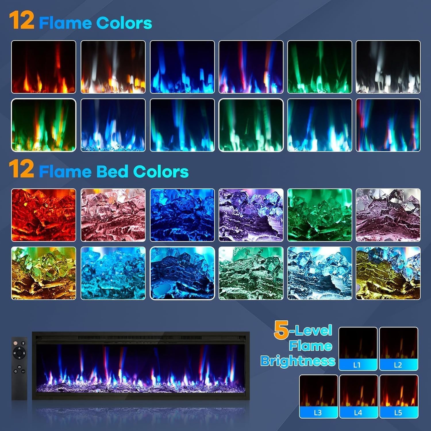 Garvee 68 Inch Built in and Wall Mount Fireplace with 12 Flame Colors ...