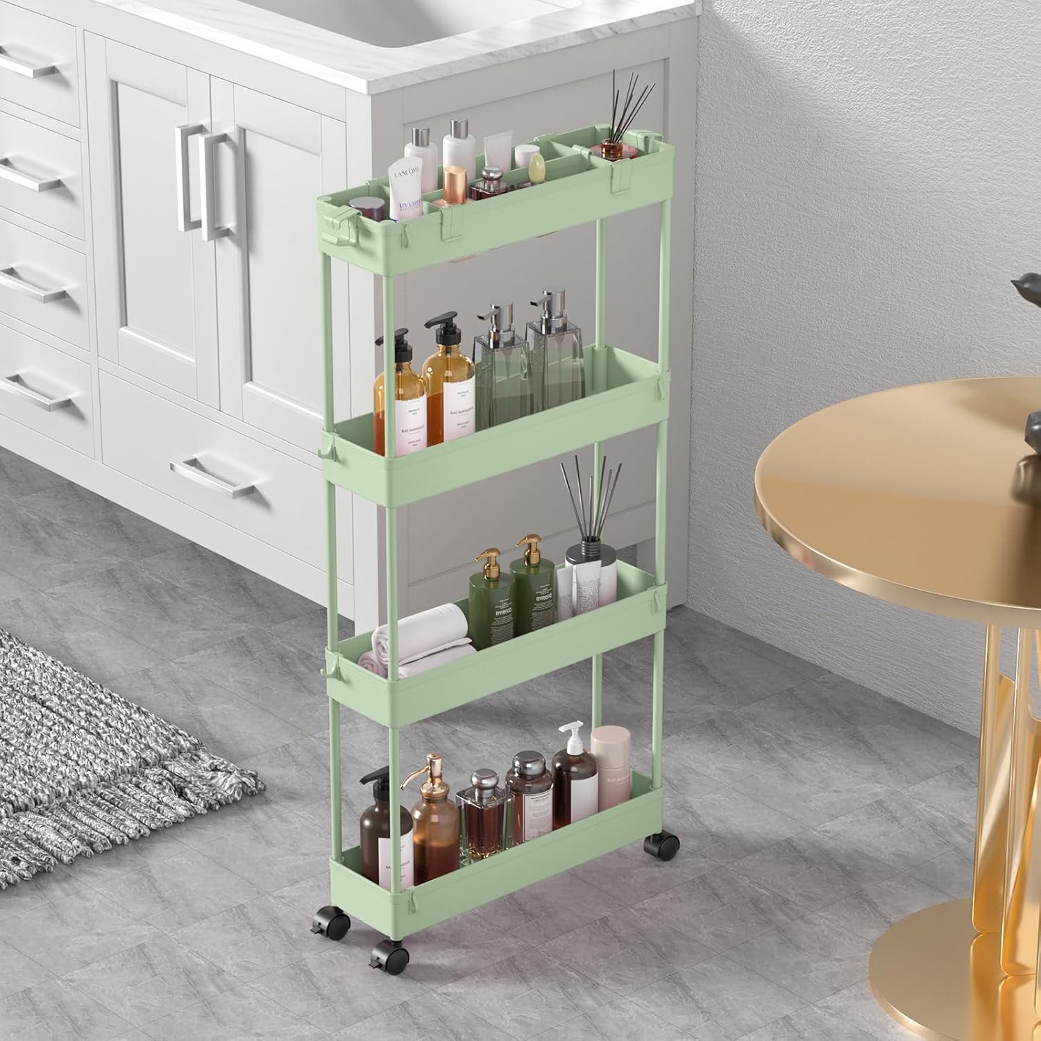 SPACELEAD Slim Storage Cart 4 Tier Bathroom Organizer Rolling Utility Mobile Shelving Unit Slide ...