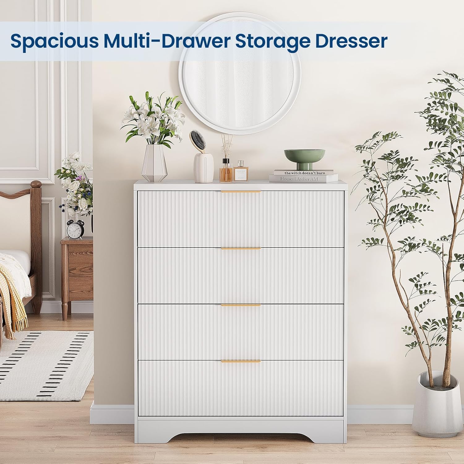 Garvee Fluted 4 Drawer Dresser Gold Handles Modern Black White Chest ...