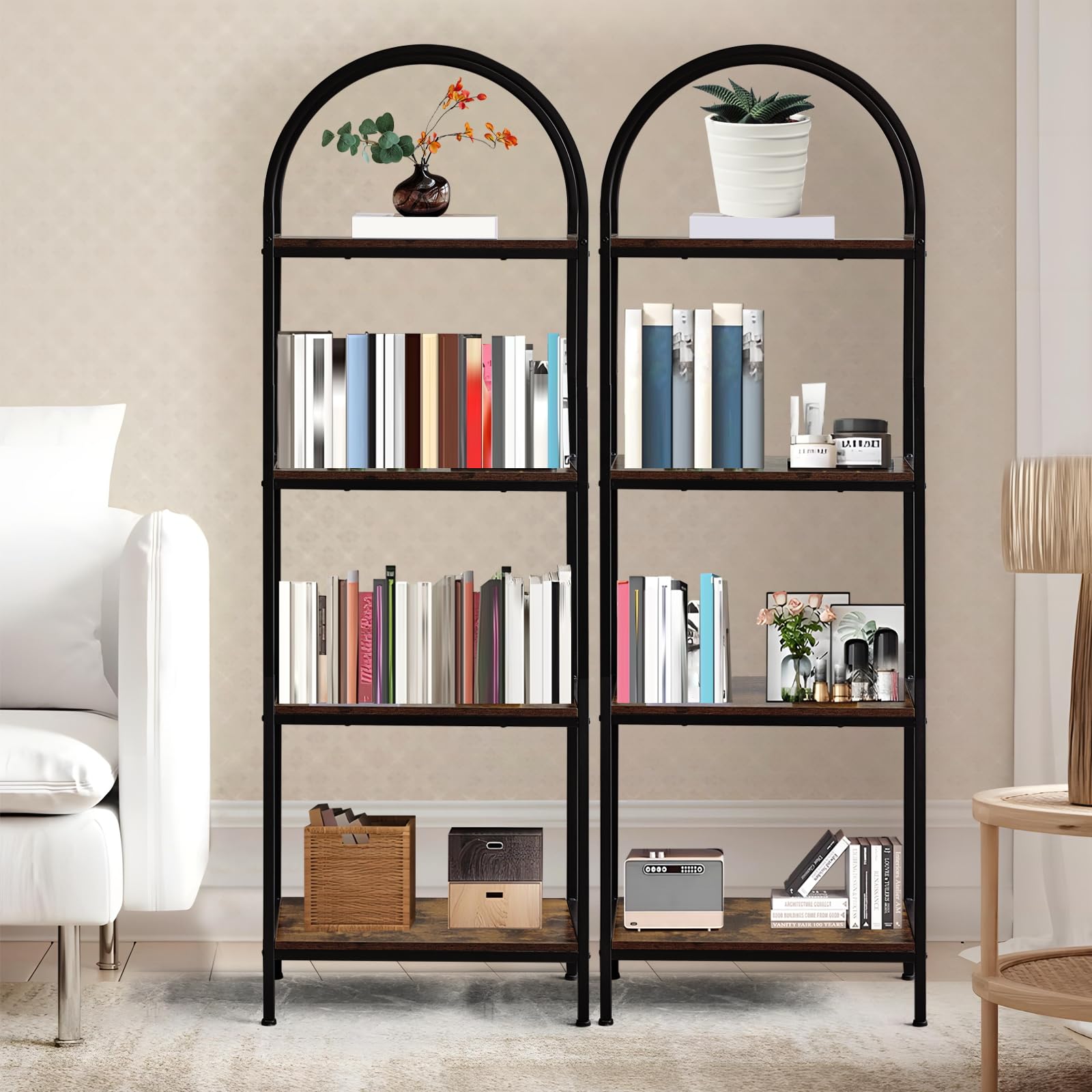 Garvee Arched Four Tier Bookshelf Metal Frame Design Tall Standing Open ...