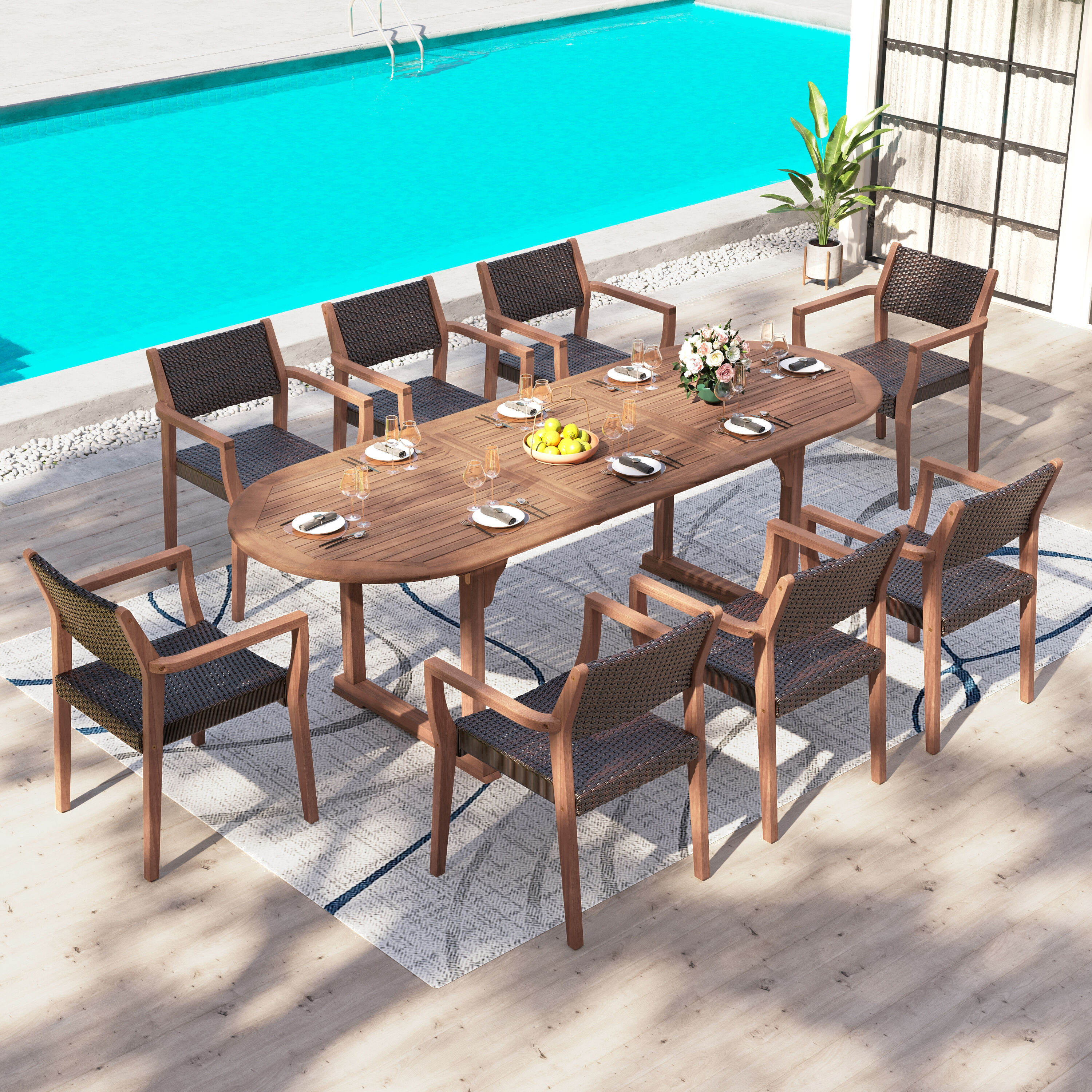 Sunshine Valley Outdoor Table and Chairs 9 -Piece Wood Rattan Patio Dining Set Extendable Table ...