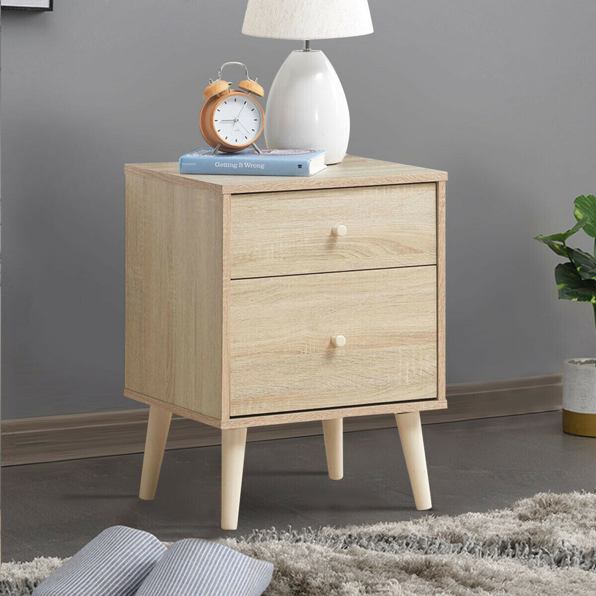 Slickblue Natural Finish Rubber Wood and MDF Nightstand with 2 Drawers ...