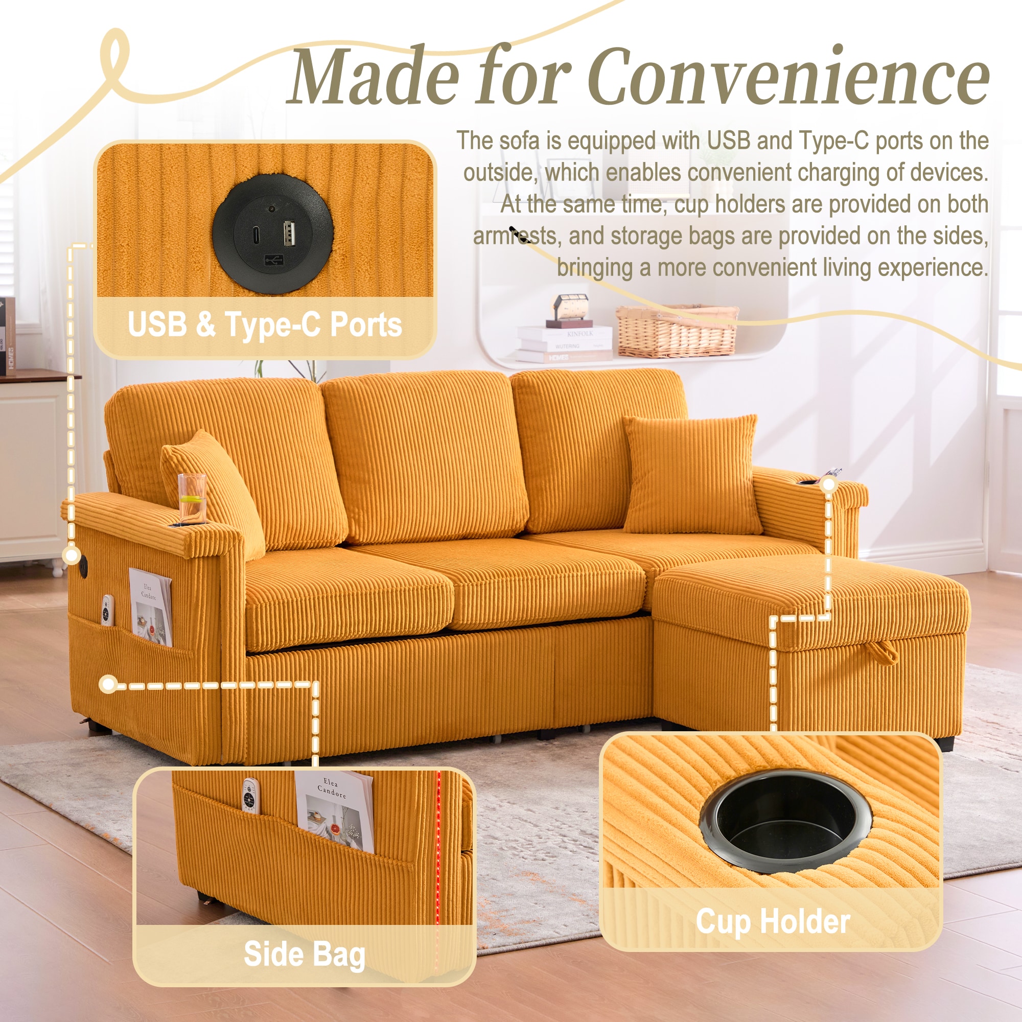 GDFStudio 3 Seat Convertible L Shaped Sectional Sofa with Pull Out ...