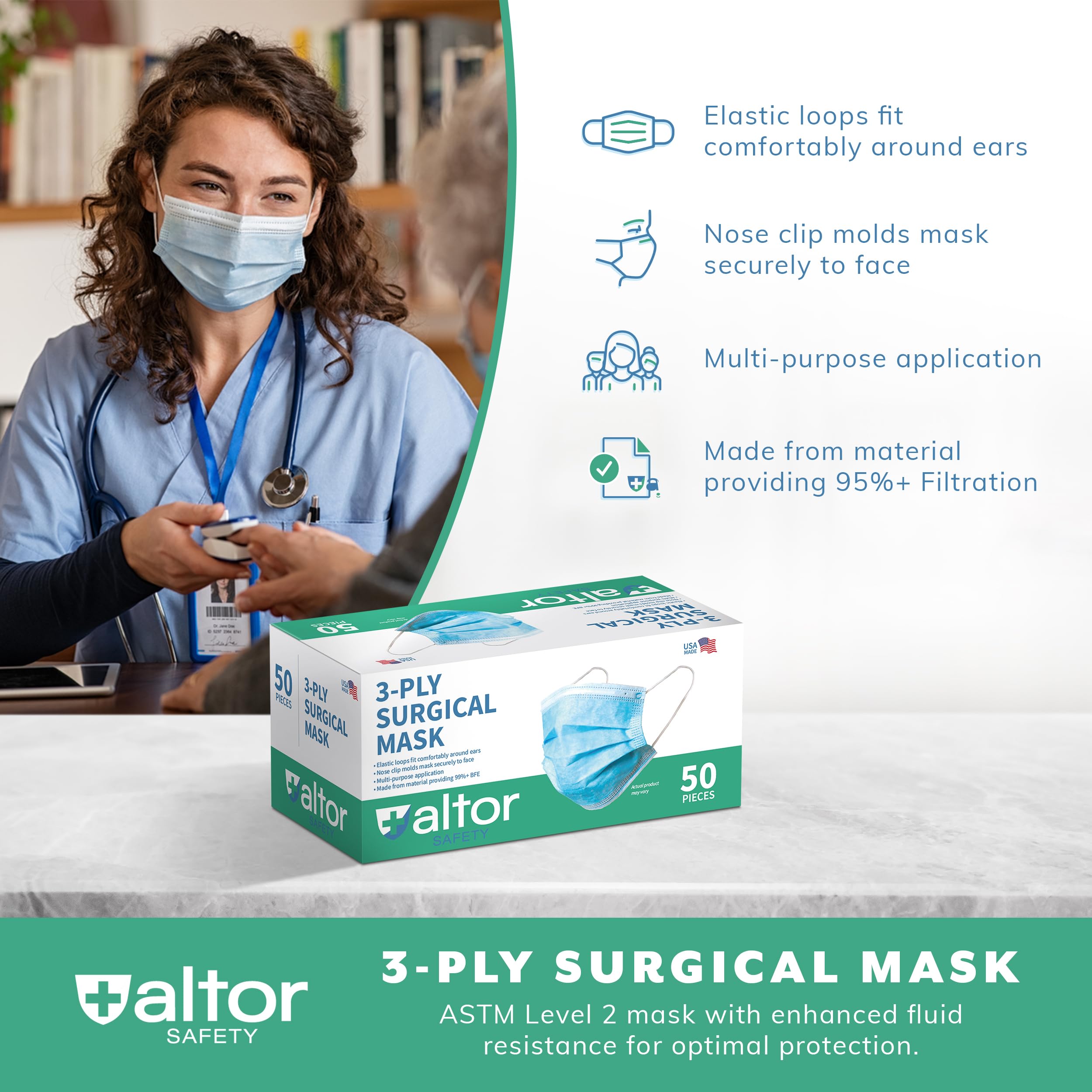 Altor Safety 3-Ply Disposable Surgical Medical Face Masks for Adults ...