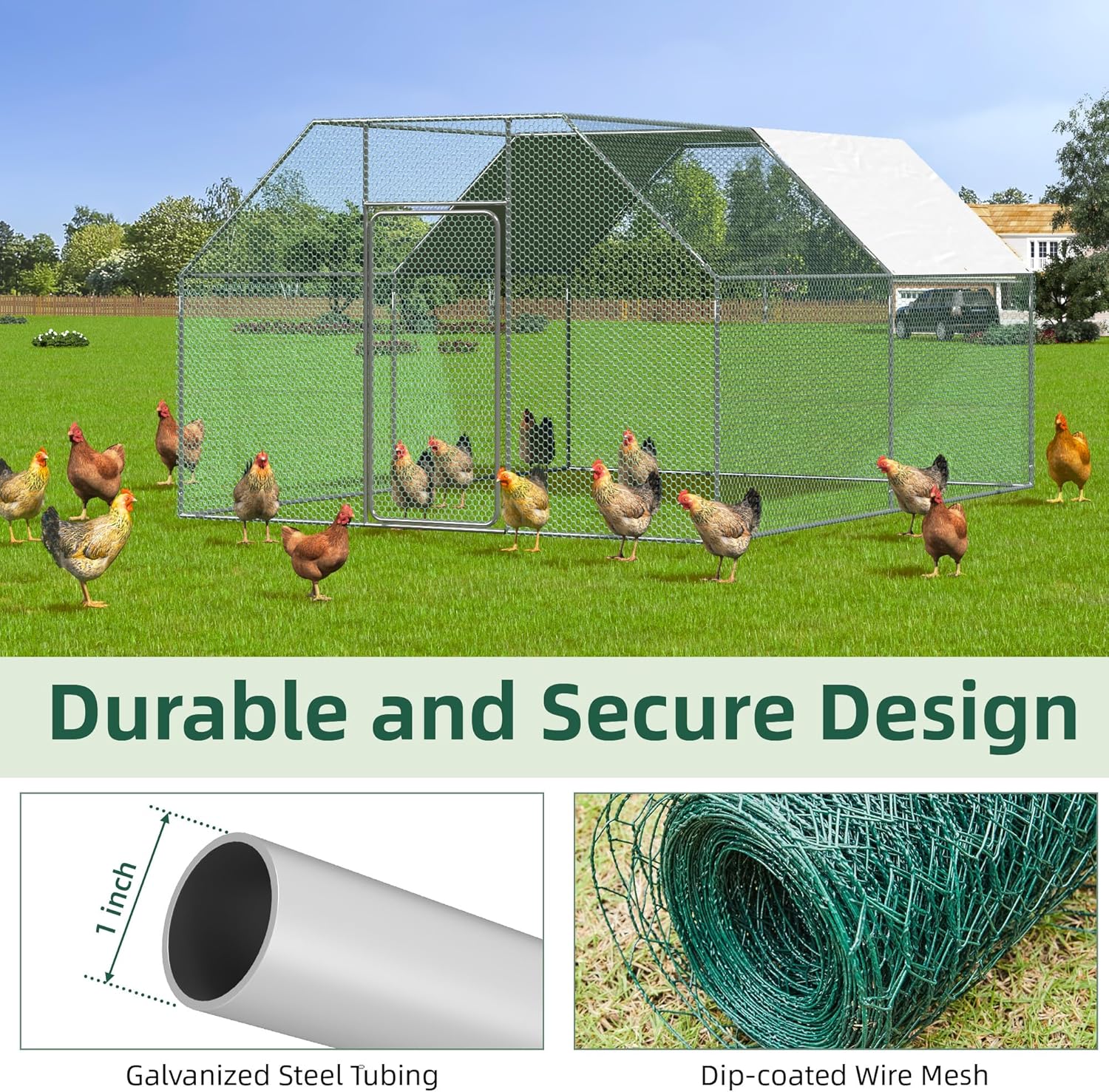 AECOJOY Large Metal Chicken Coop Run for Yard with Cover For Outdoor in ...