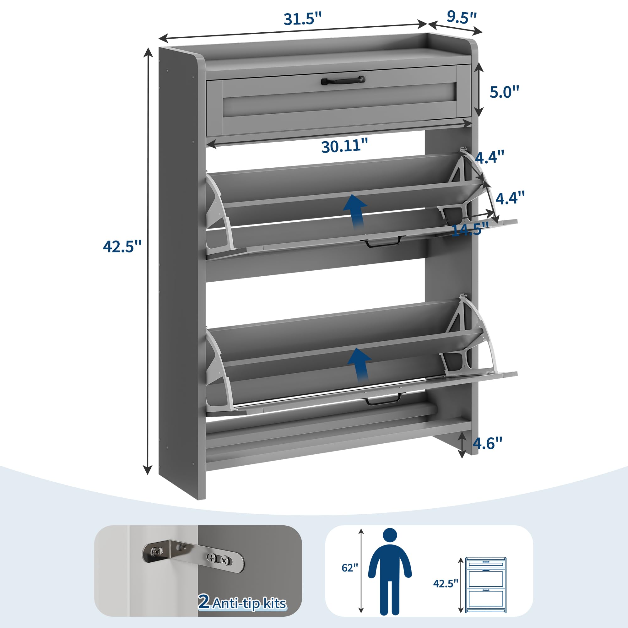 GarveeLife Shoe Cabinet with 2 Flip Drawers and Top Drawer High-Gloss ...