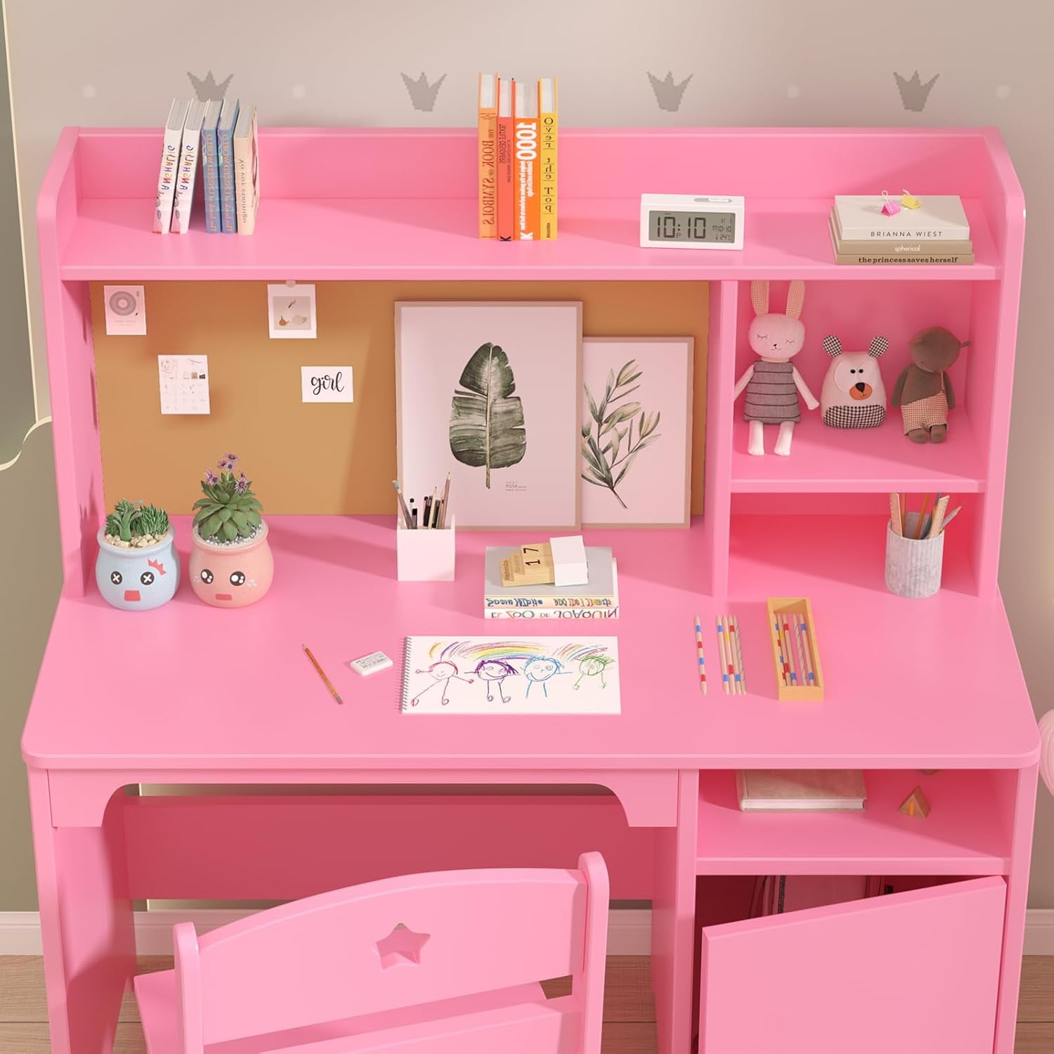 IdealHouse Wooden Study Desk With Chair- Pink Hutch And Storage Cabinet ...