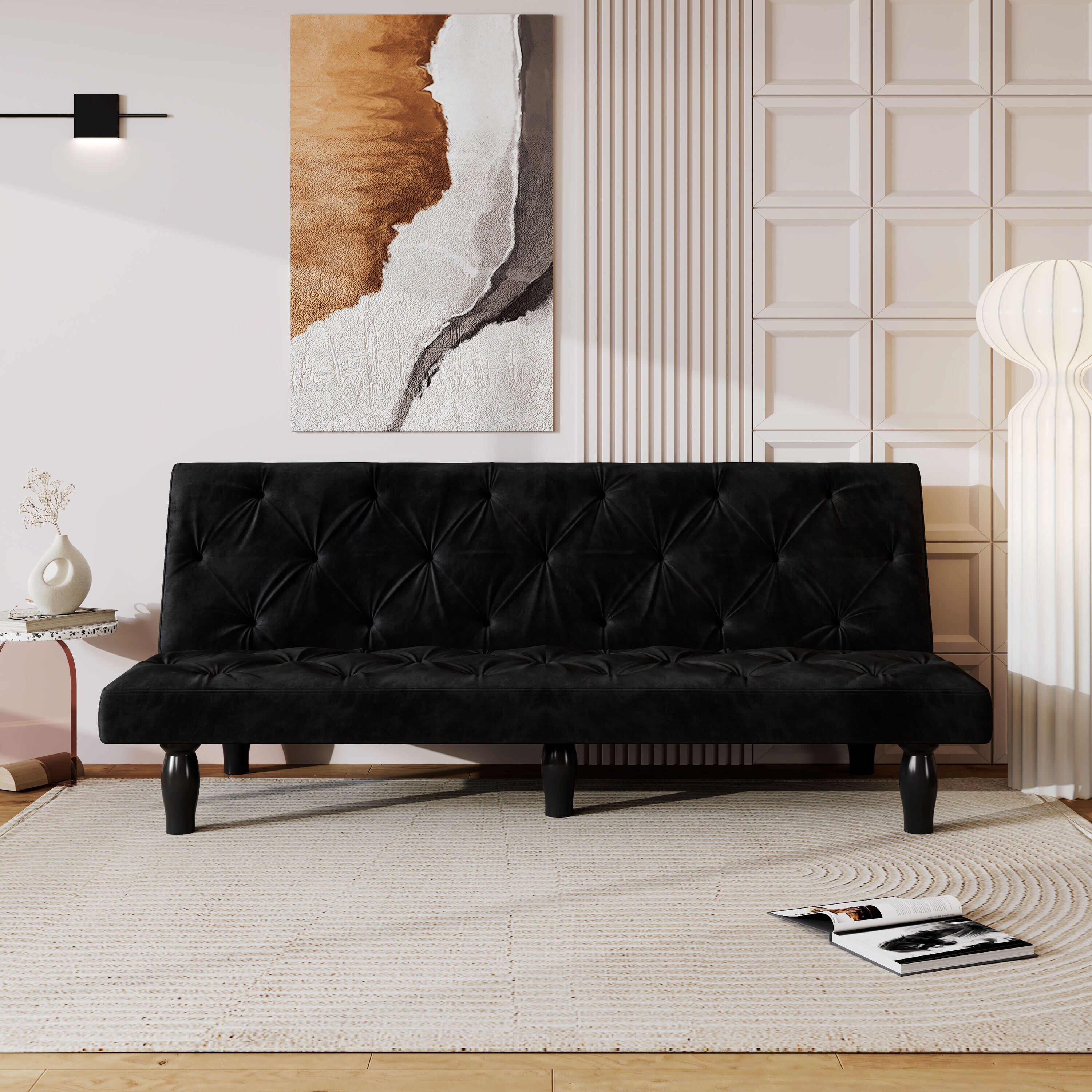 LOVMOR 66inch Tufted Compressed Sleeper Sofa Velvet Black Couch for ...