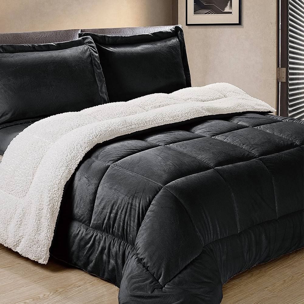 Slickblue 3 Piece Black Reversible Full Sized Faux Fur Sherpa Comforter ...
