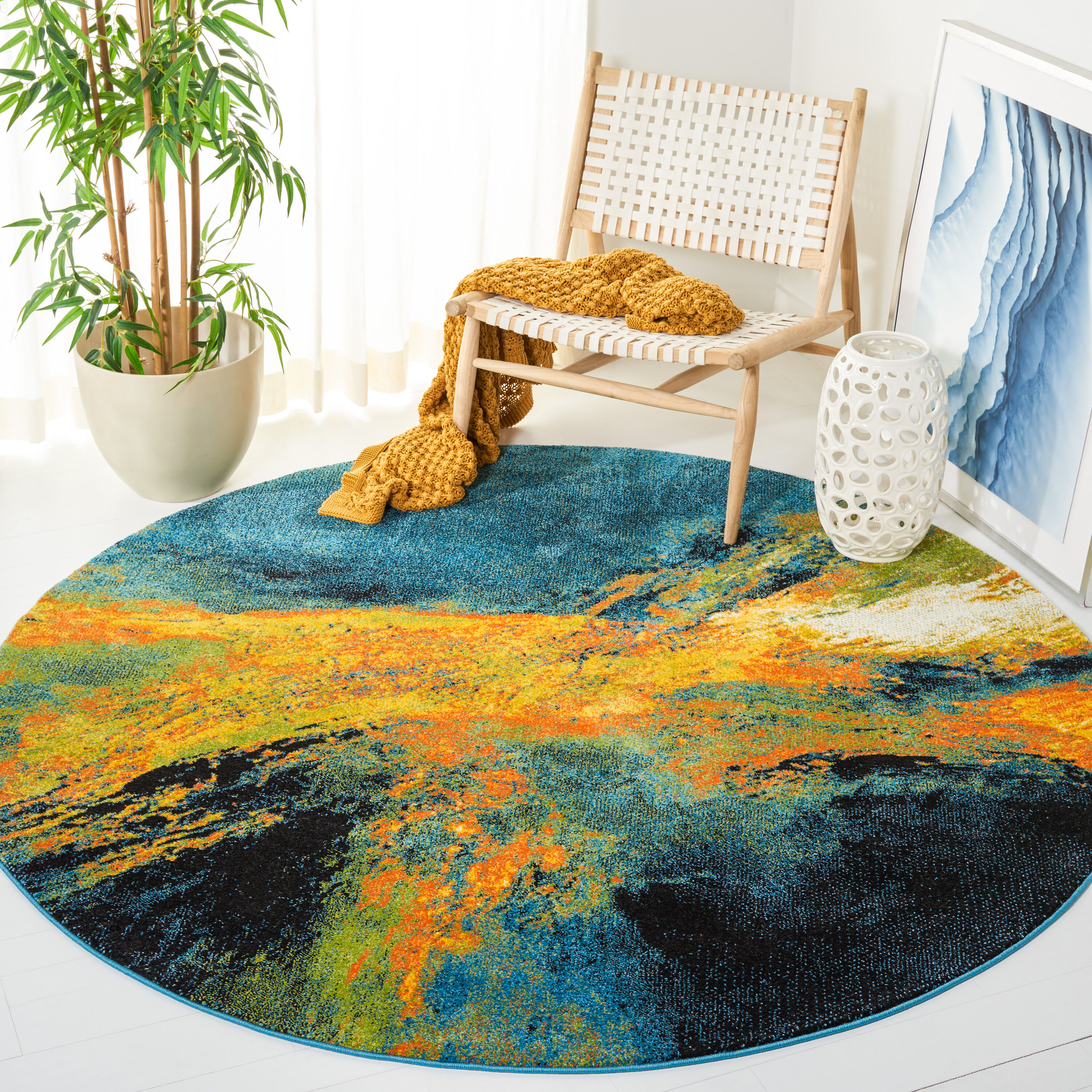 Safavieh Galaxy 117L Blue/Yellow 7 x 7 Round Area rug in the Rugs ...