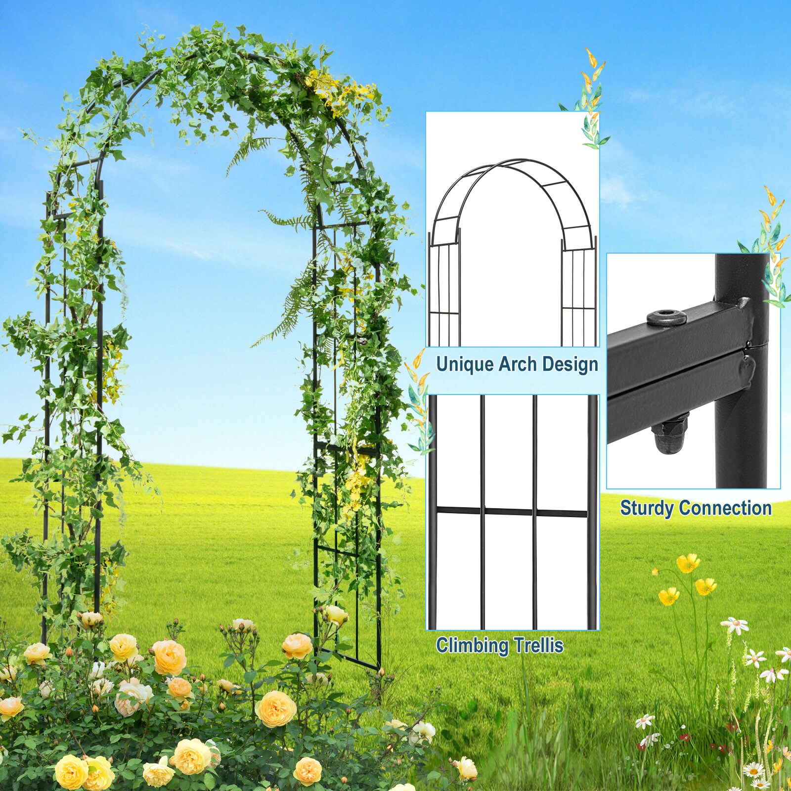 Iseryn Garden Arbors 3.63-ft W x 7.54-ft H Arched Black Steel Garden Arbor in the Garden Arbors ...