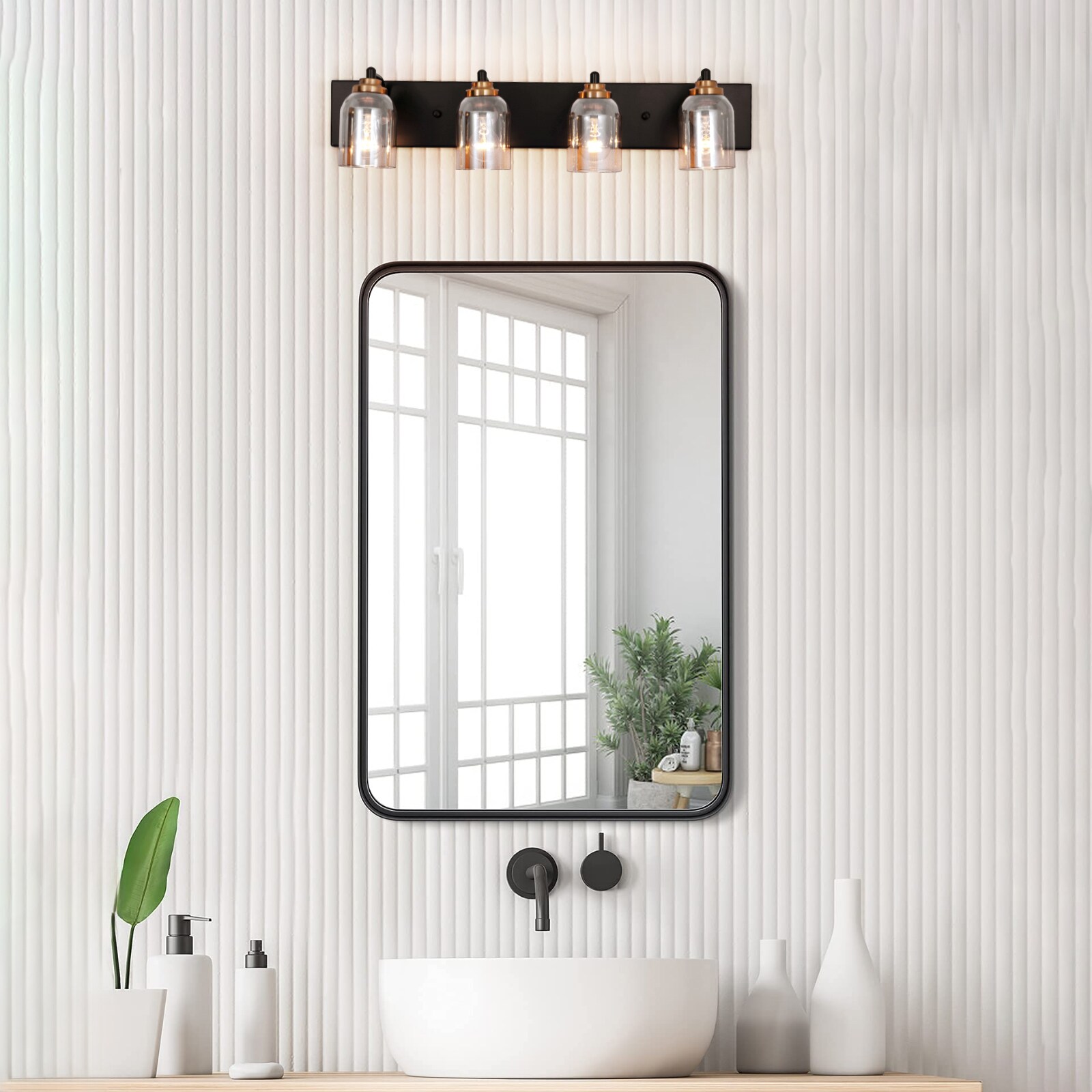 EFPERFECT 4 Light Matte Black Vanity Light with Brass Accents and Glass ...