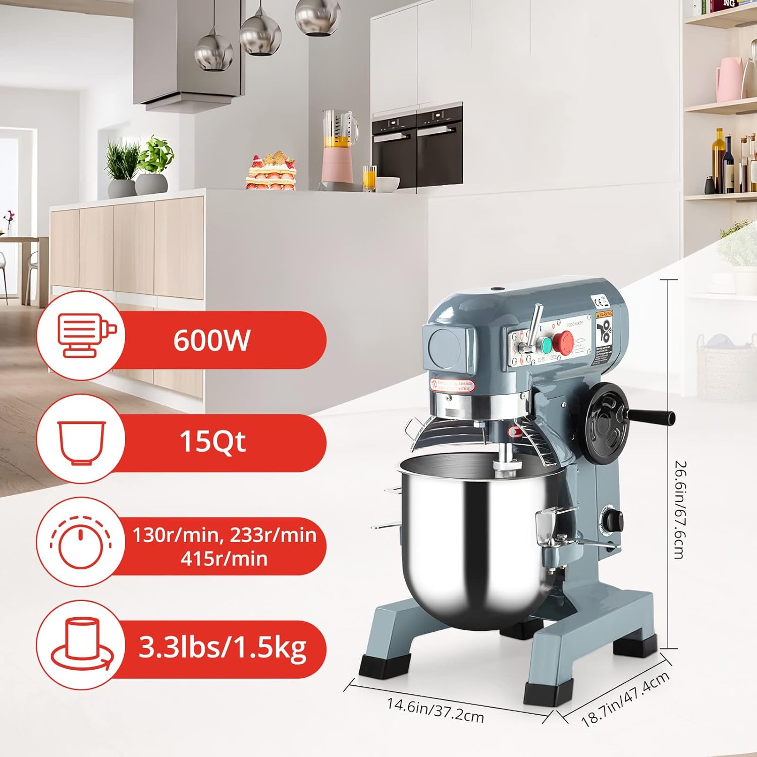 WhizMax Commercial Food Mixer.15Qt 3 Speed with Stainless Steel Bowl ...