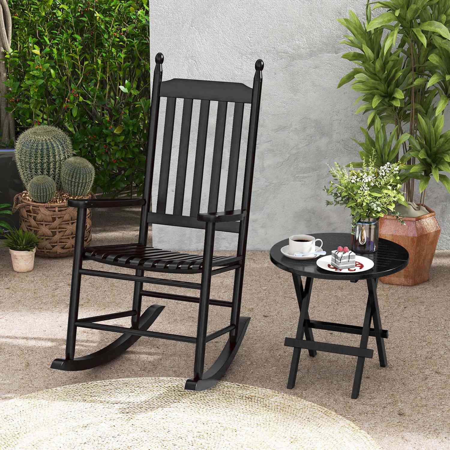 Costway Outdoor Wooden Rocking Chair with Solid Rocking Base Slatted ...