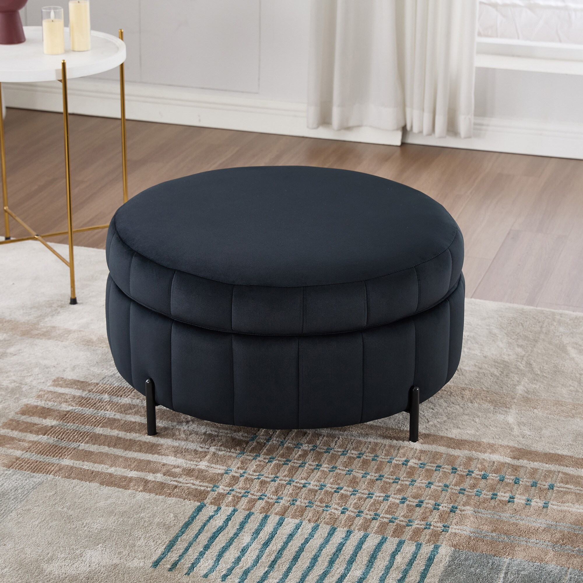 LOVMOR Upholstered Round Ottoman With Reversible Lid Velvet Storage ...