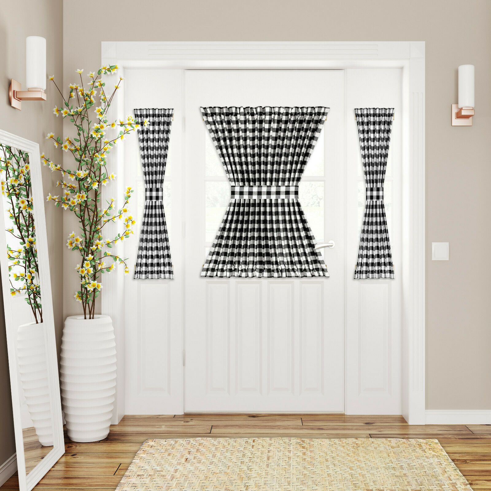 KATE AURORA Plaid Country Farmhouse French Door Curtain Panel With ...