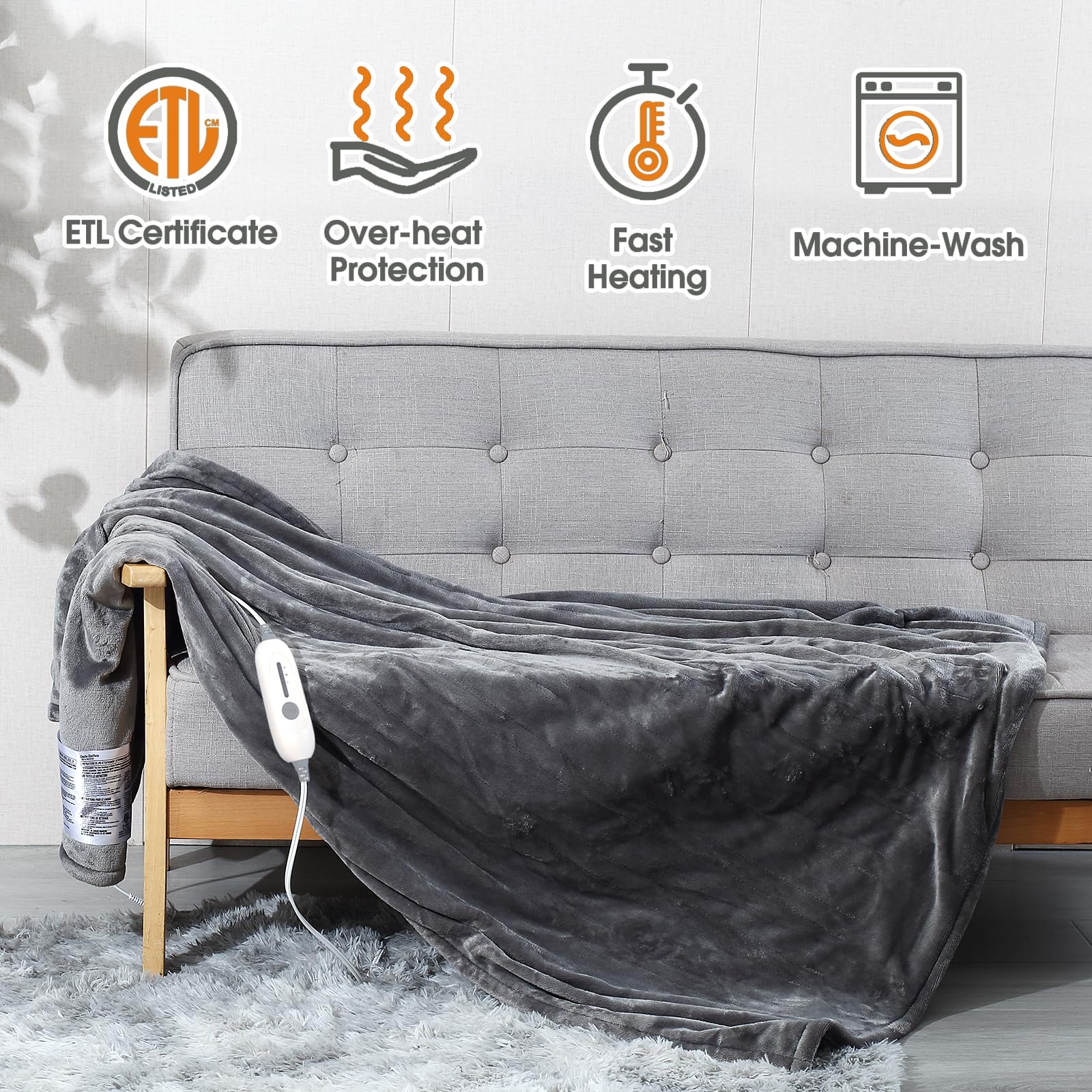 Etokfoks 50 x 60 Inch Heated Flannel Blanket 1 Piece Three Heat Levels ...