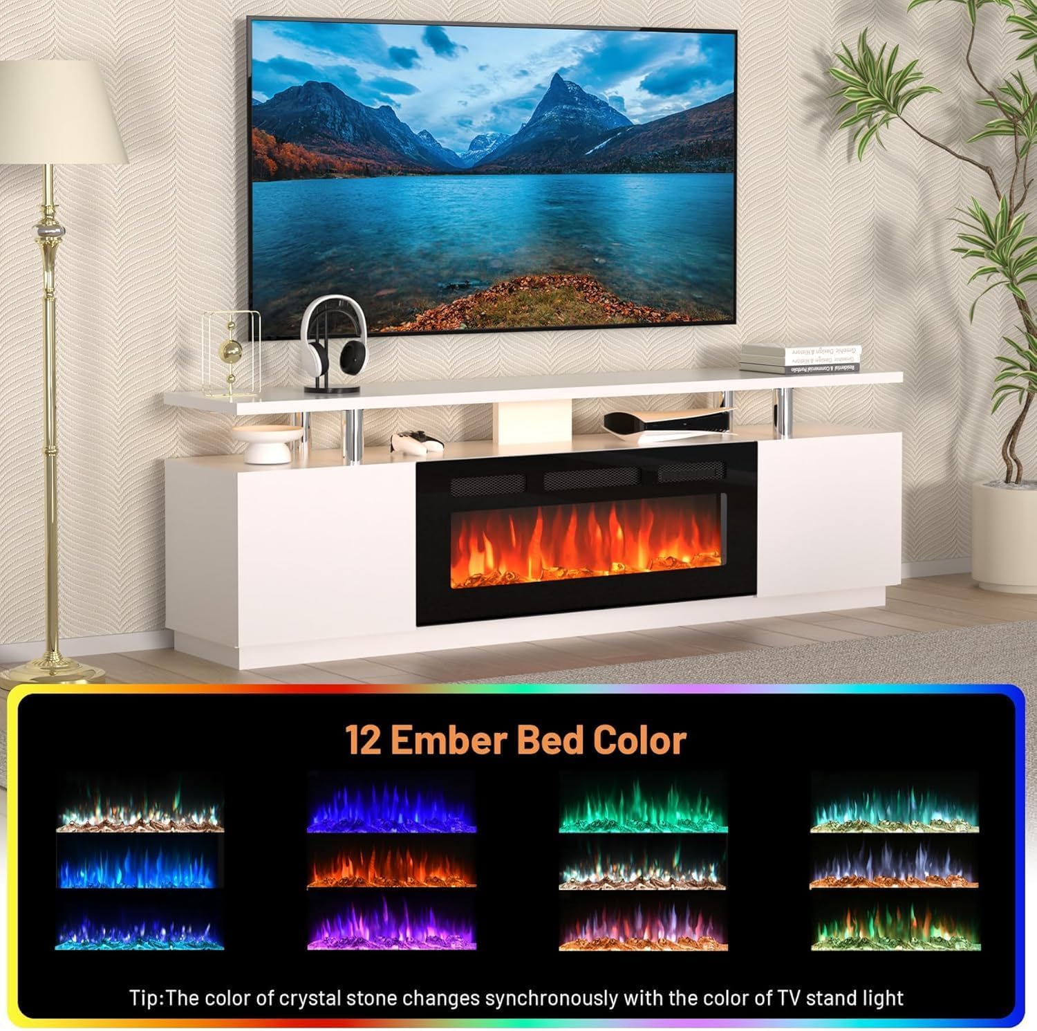 Qeetex 36 Inch Electric Fireplace 70Inch 2-Tier TV Stand Entertainment ...