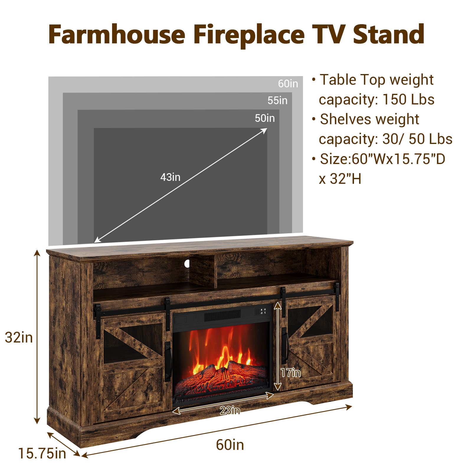 Garvee Farmhouse Fireplace TV Stand 60 inch Electric Fireplace Tv ...