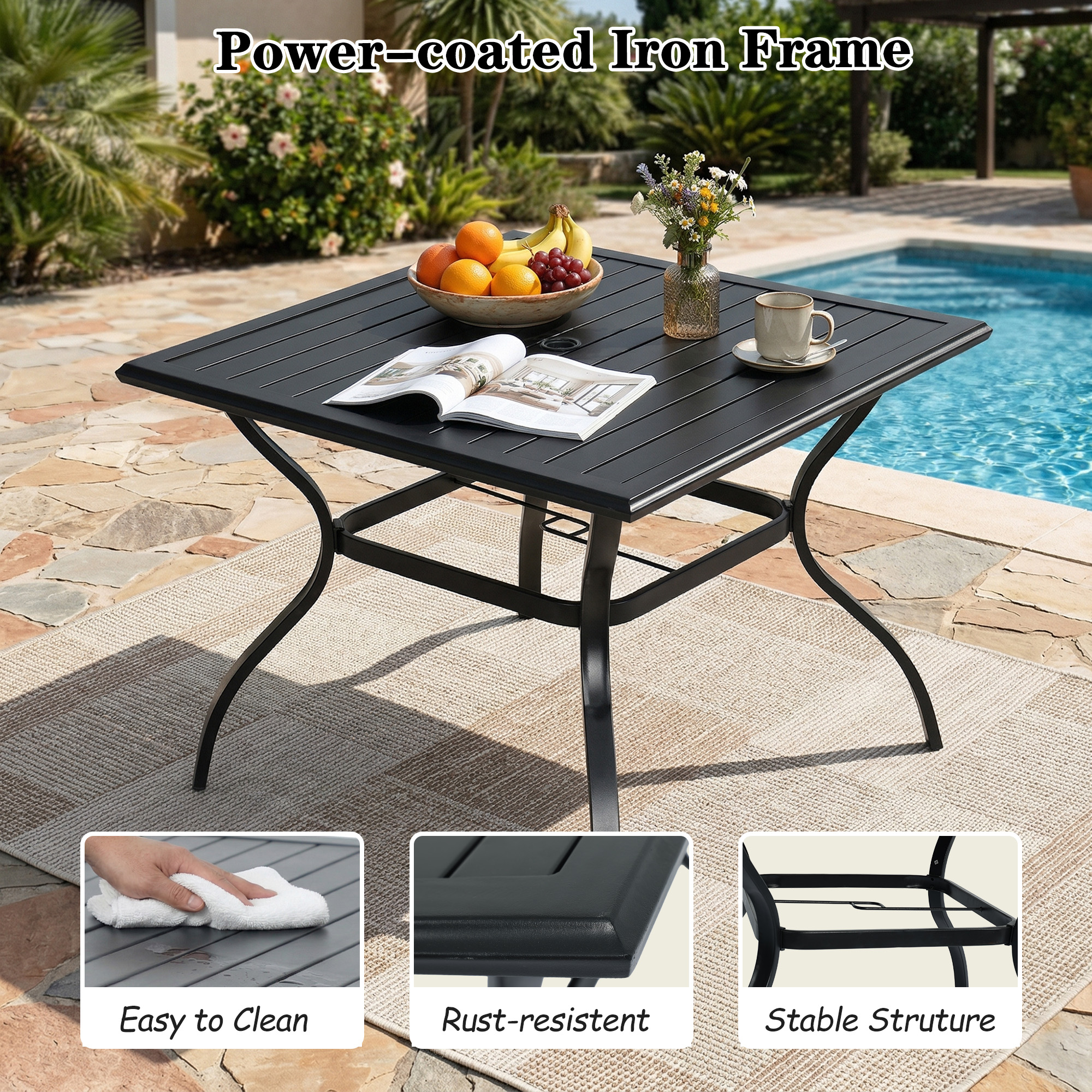 NOBLEMOOD 5 -Piece Black Patio Dining Set Iron Square Table with 4 Gray ...