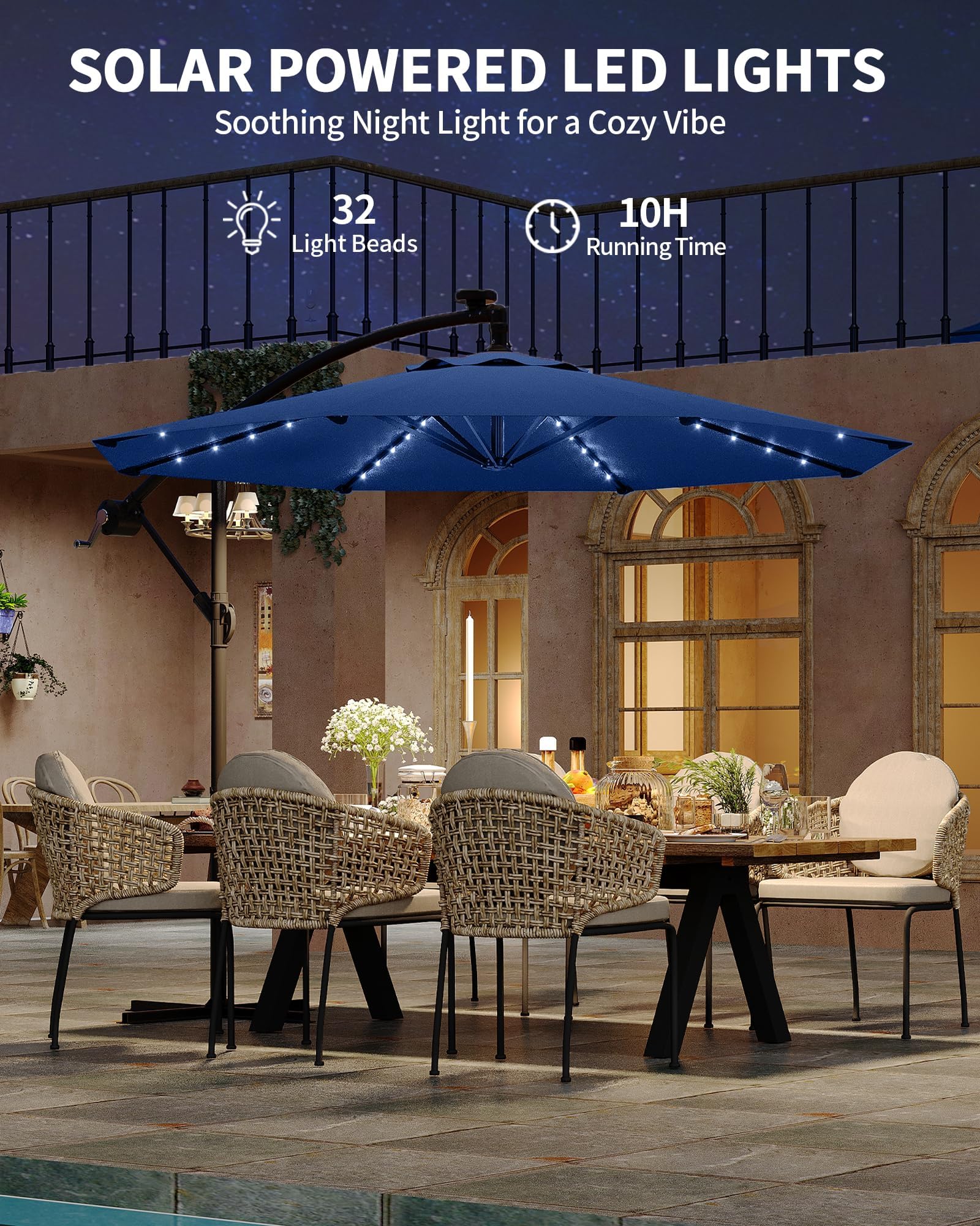 DEXSO Aluminum 10ft Solar LED Patio Umbrella 32 Light Navy Blue in the ...