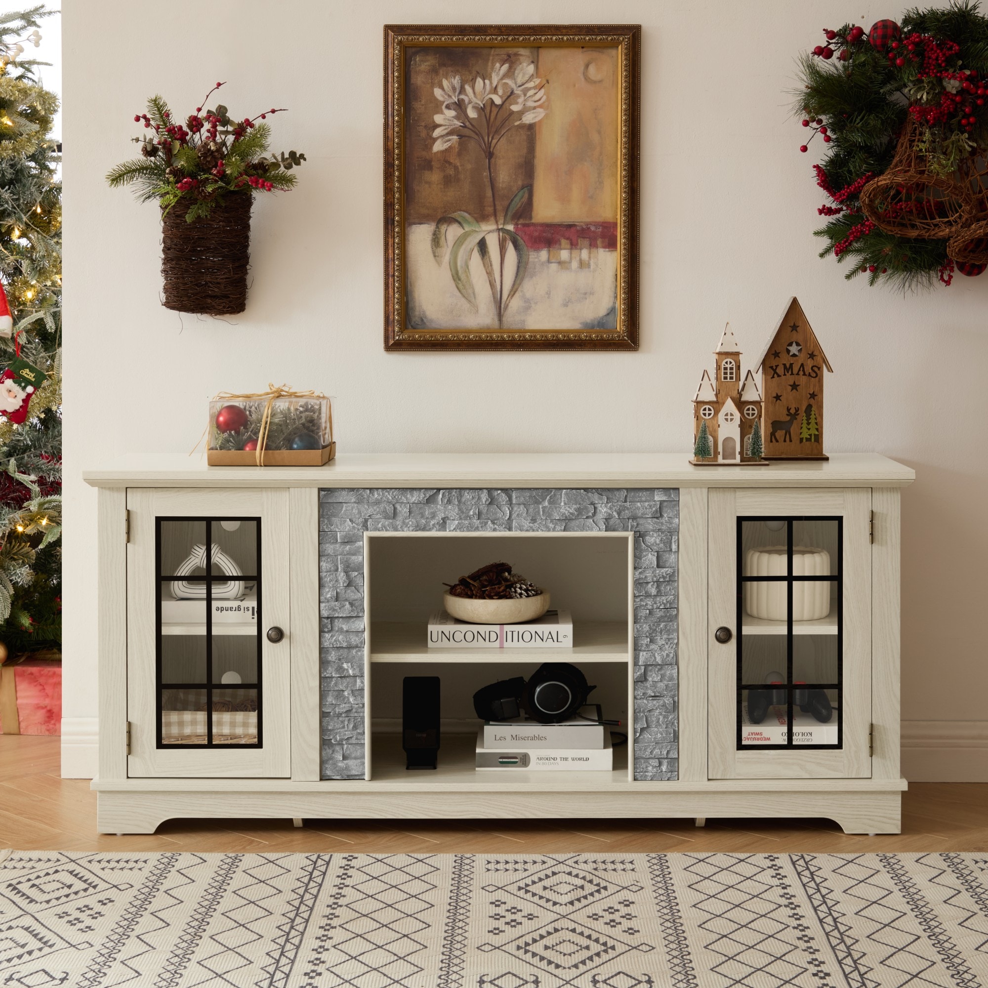 Huluwat 58-inch Modern TV Stand with 2-Door Storage Faux Stone Media ...