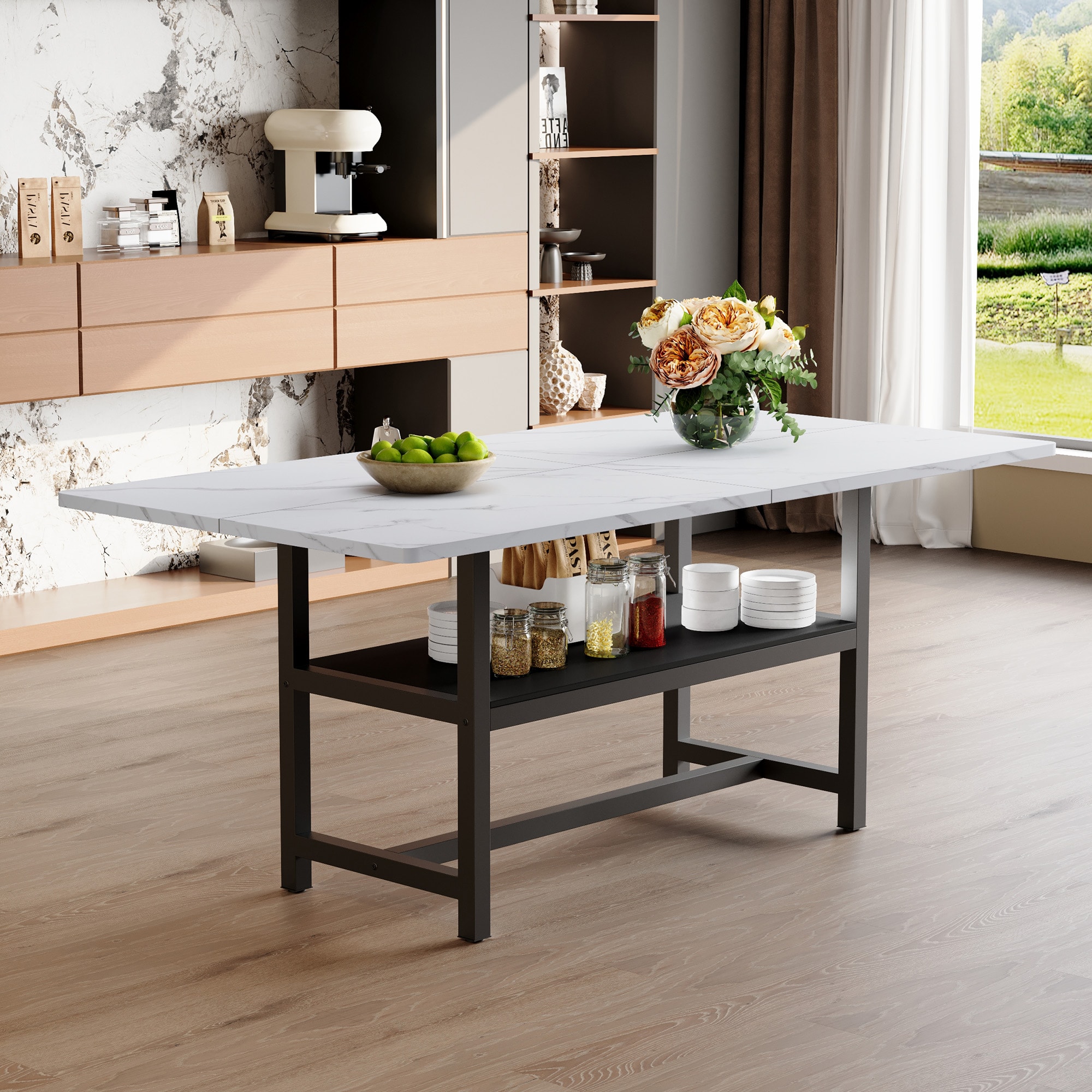 Bybafun Black Round Casual Dining Table, Faux Marble with White Wood ...