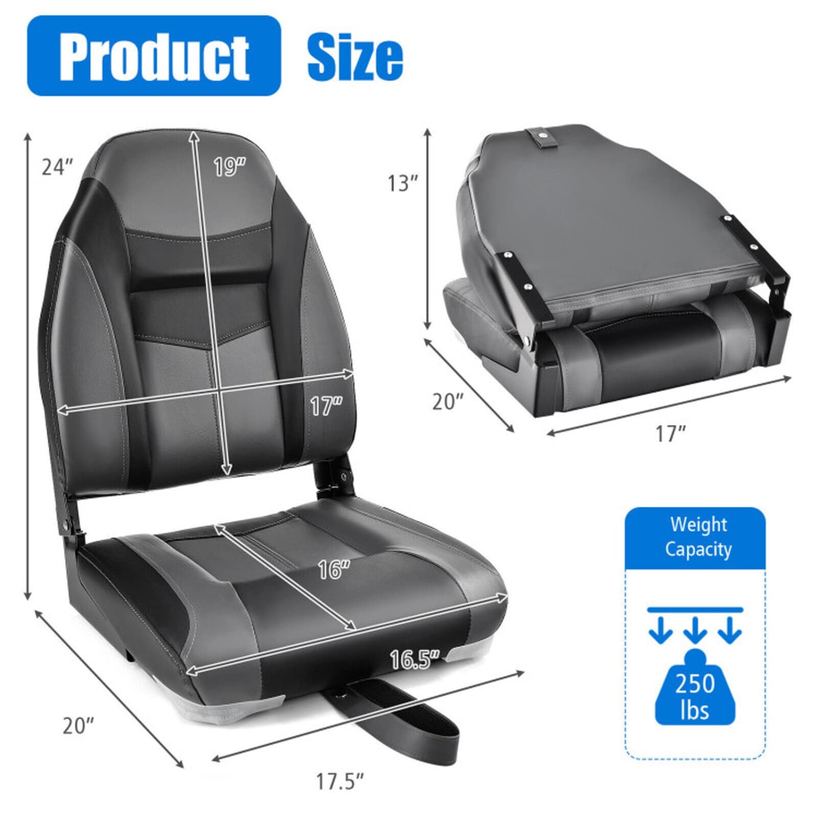 SUGIFT Back Folding Boat Seats with Black Grey Sponge Cushion and ...