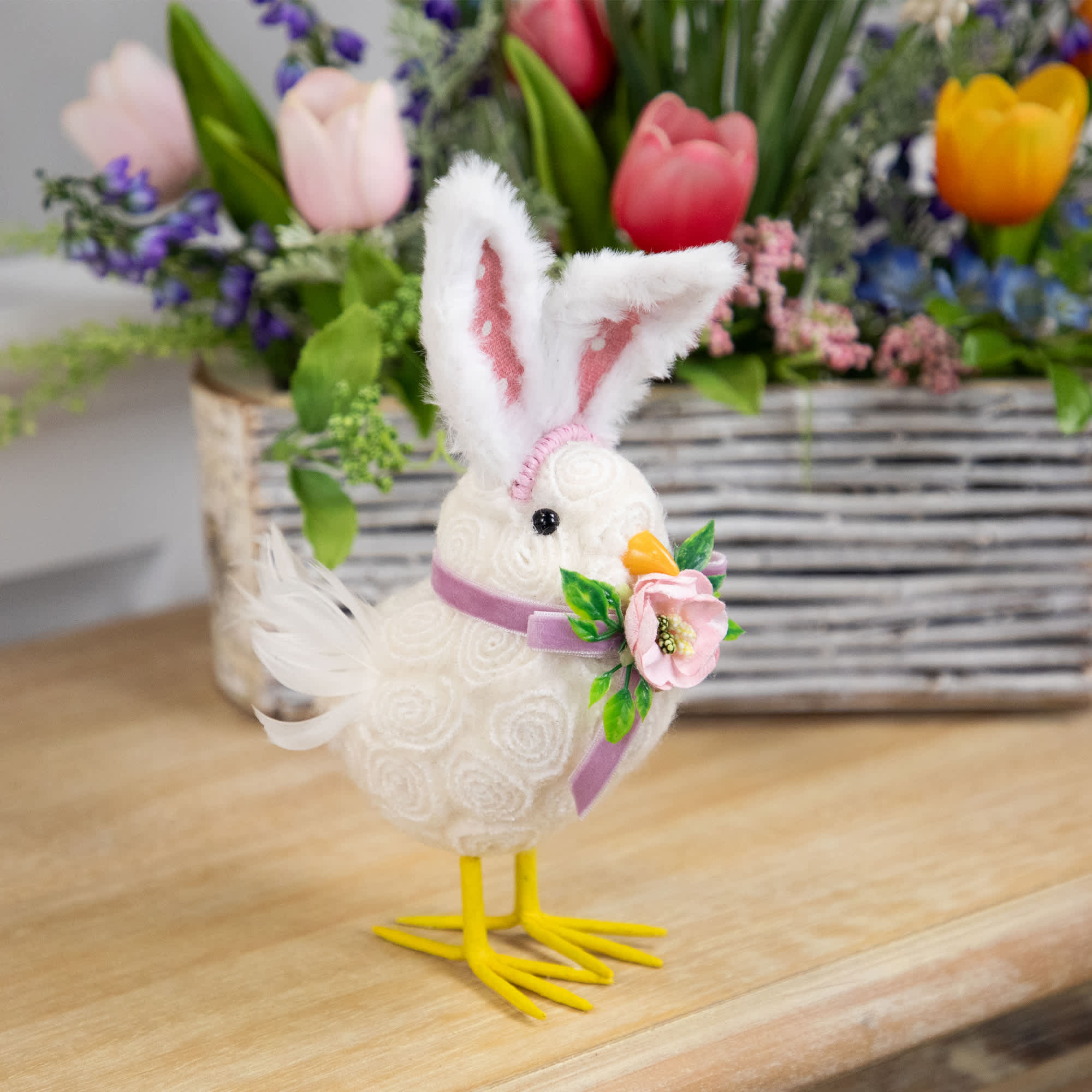 Northlight Floral Easter Chick with Polka Dot Faux Fur Rabbit Ears ...
